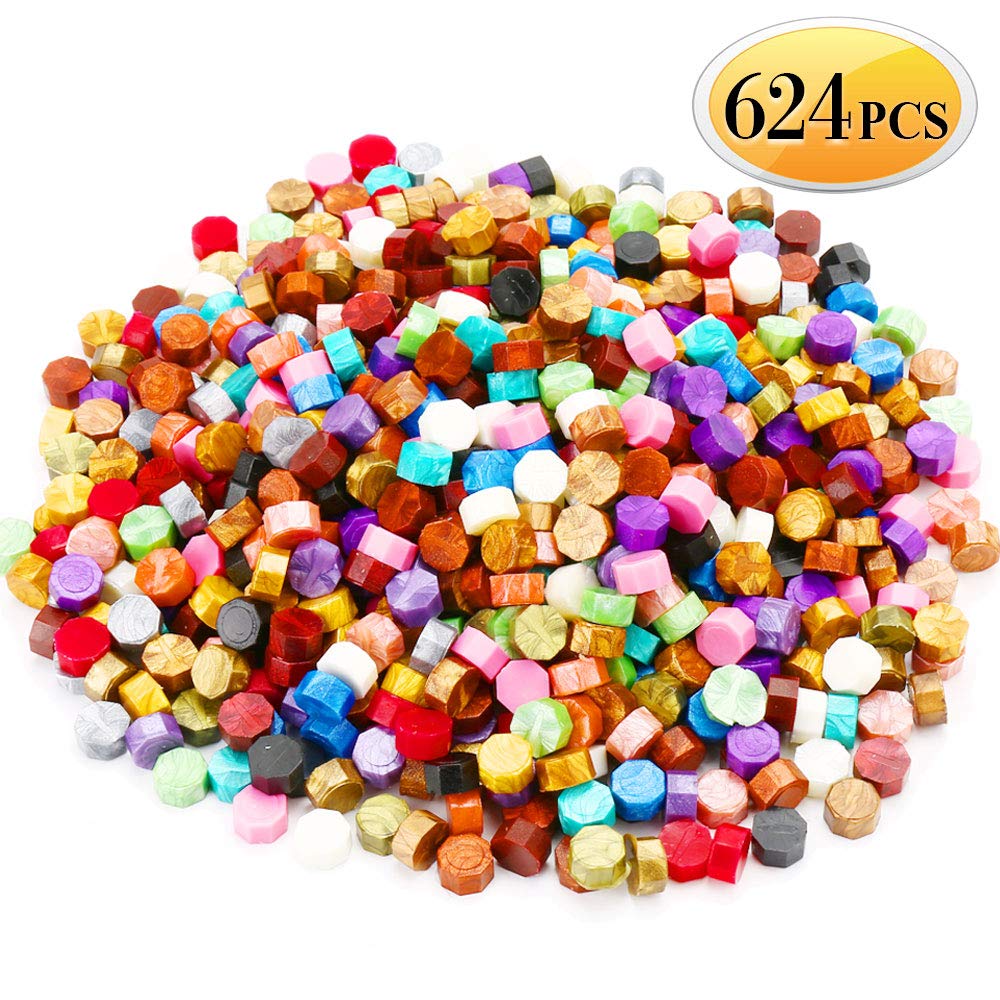 JIARON 624PCS Sealing Wax Beads Packed in Plastic Box, with 2PCS Tea Candles and 1 PC Wax Melting Spoon for Wax Sealing Stamp (24 Colors)