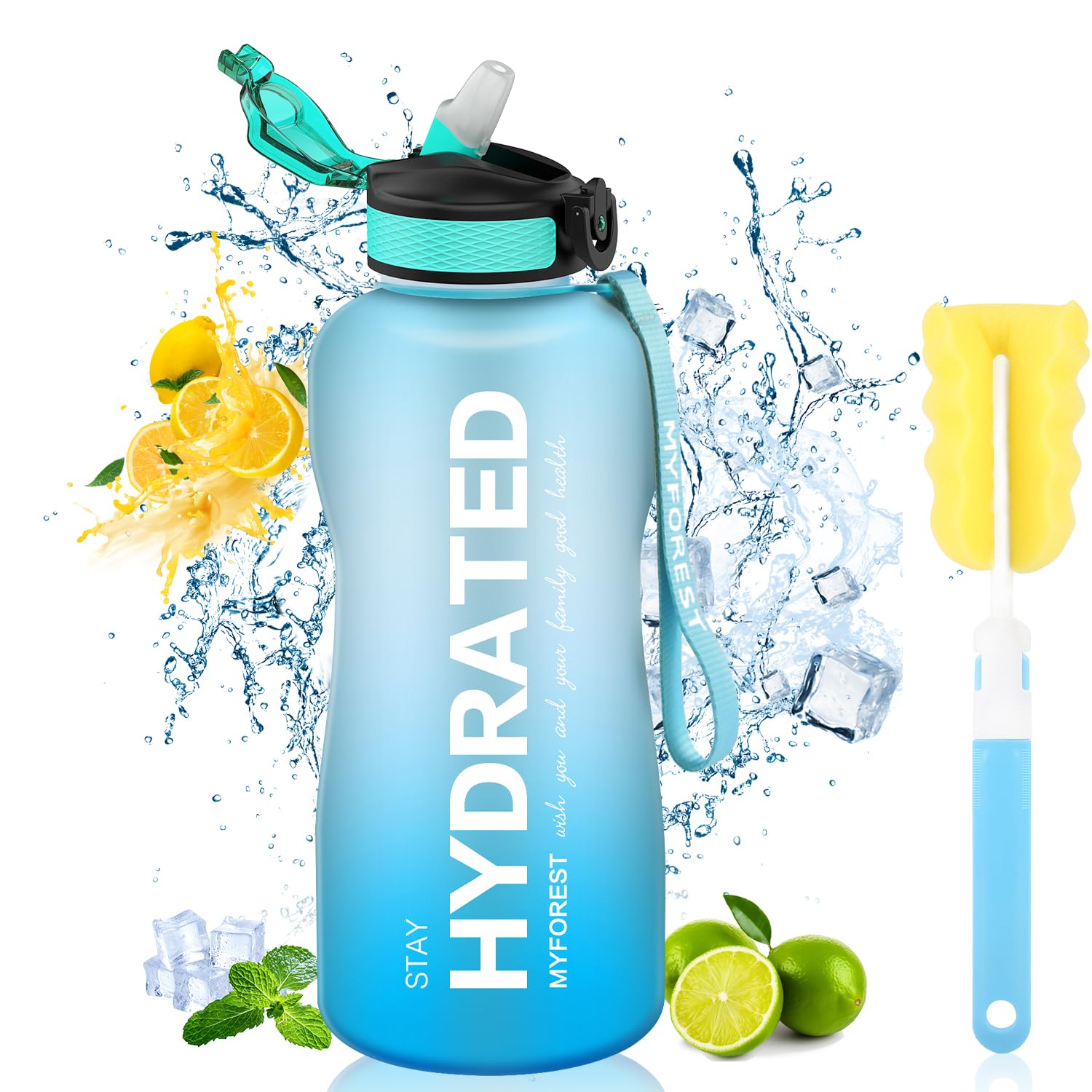 MYFOREST 64oz Water Bottle, Time Marker for Motivational Hydration, Drop-proof, BPA-free, Nozzle/Straw/Carry-Strap/Wide-Mouth for Easy Clean - 1900mL Large Sports Jug