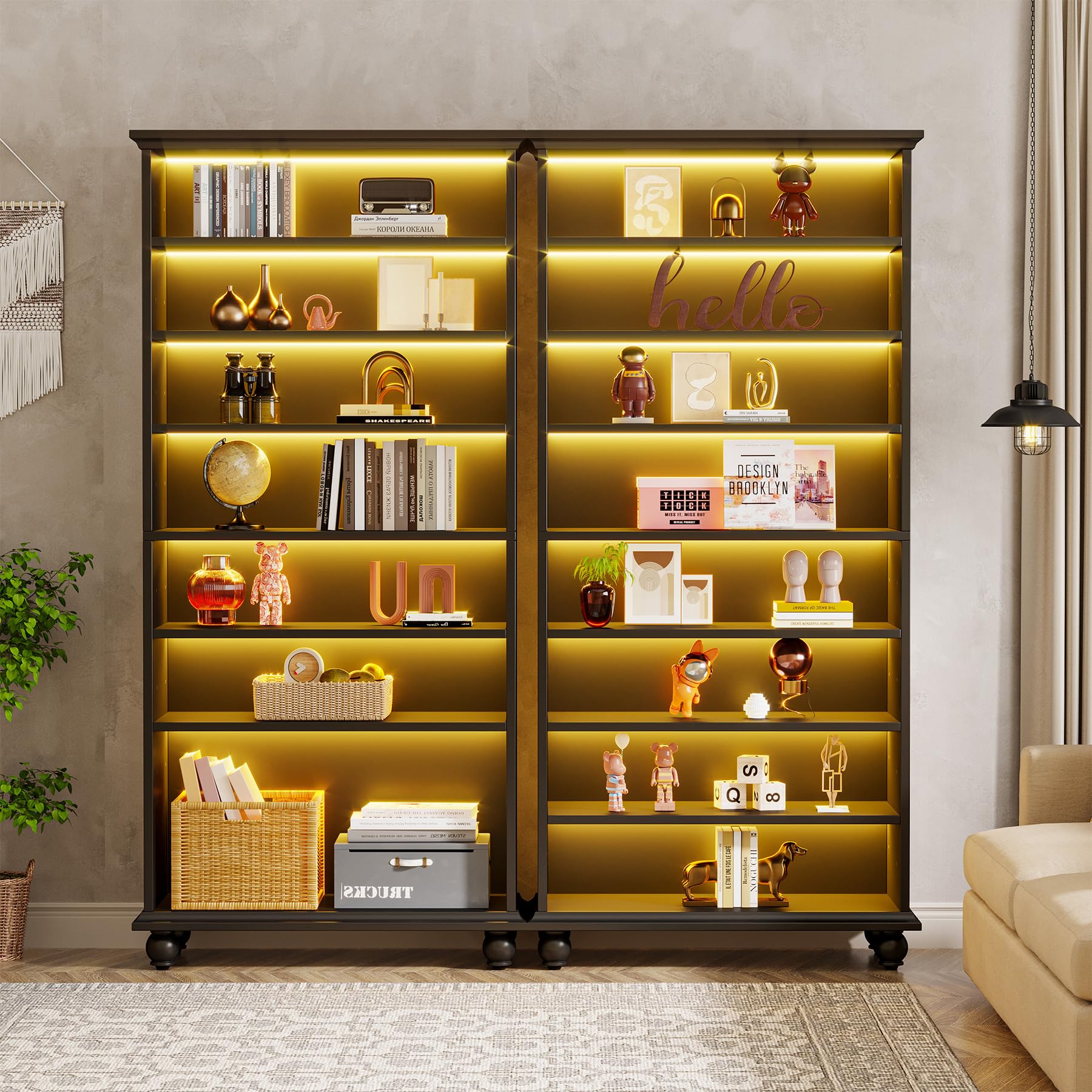 Tribesigns 69-Inch Tall Bookcase with LED Lighting, Modern 9-Tier Freestanding Bookshelf with Solid Wood Legs, Wooden Open Display Shelf Organizer for Living Room, Home Office (1, Black)