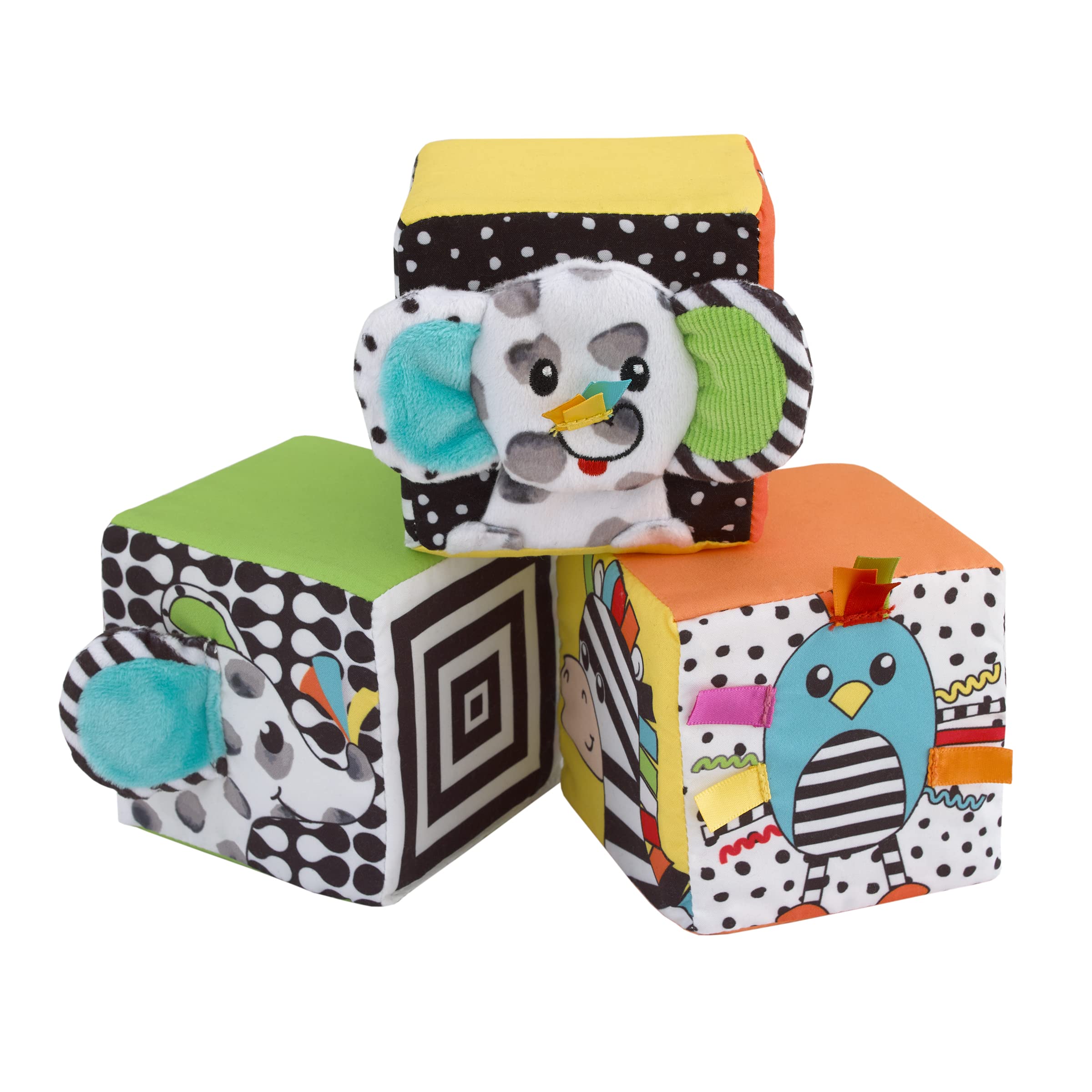 Sassy Baby Larry Llama, Bird and Cactus Multi-Colored Developmental Plush Baby Blocks, Set of Three with Crinkle, Mirror and Chime