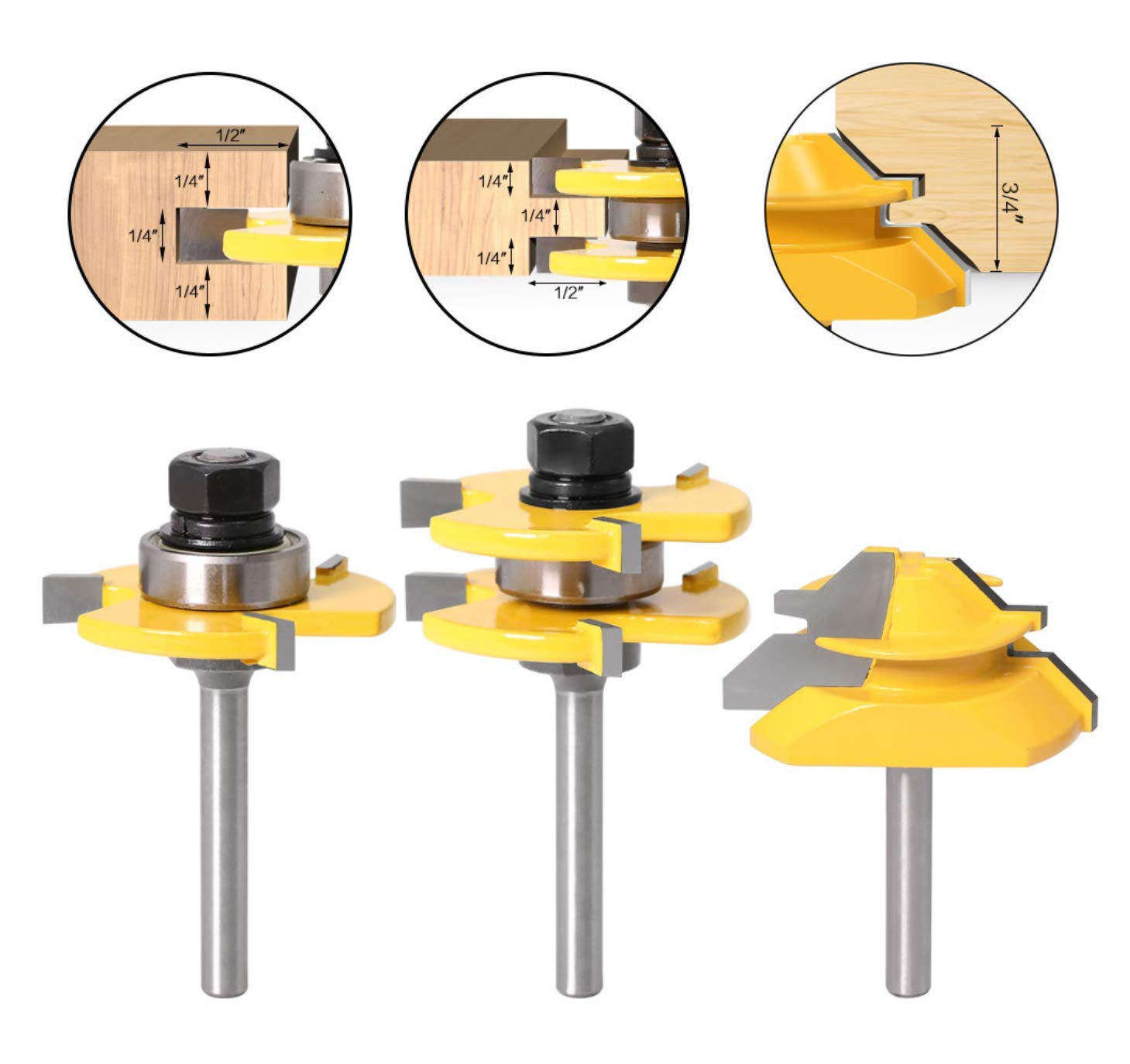 Lock Miter 45 Degree Joint Router Bits + 2Pcs Tongue and Groove Set [1/4-Inch Shank], APLUS 45° Lock Mitre Glue Joint Router Bit + Router Bit Set 3 Teeth T Shape, Wood Milling Cutter Woodworking Tool