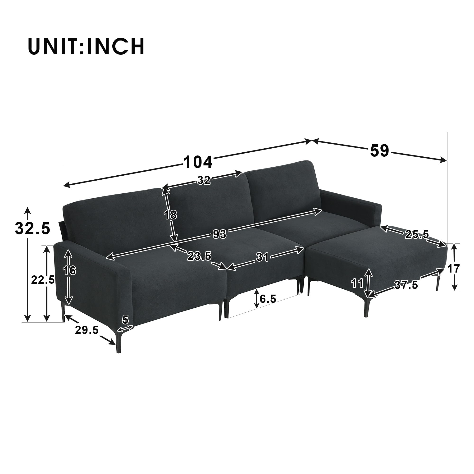 Sectional Sofa with Convertible Ottoman, Modern Velvet Fabric Couch Set for Living Room, Apartment, Office, L-Shaped