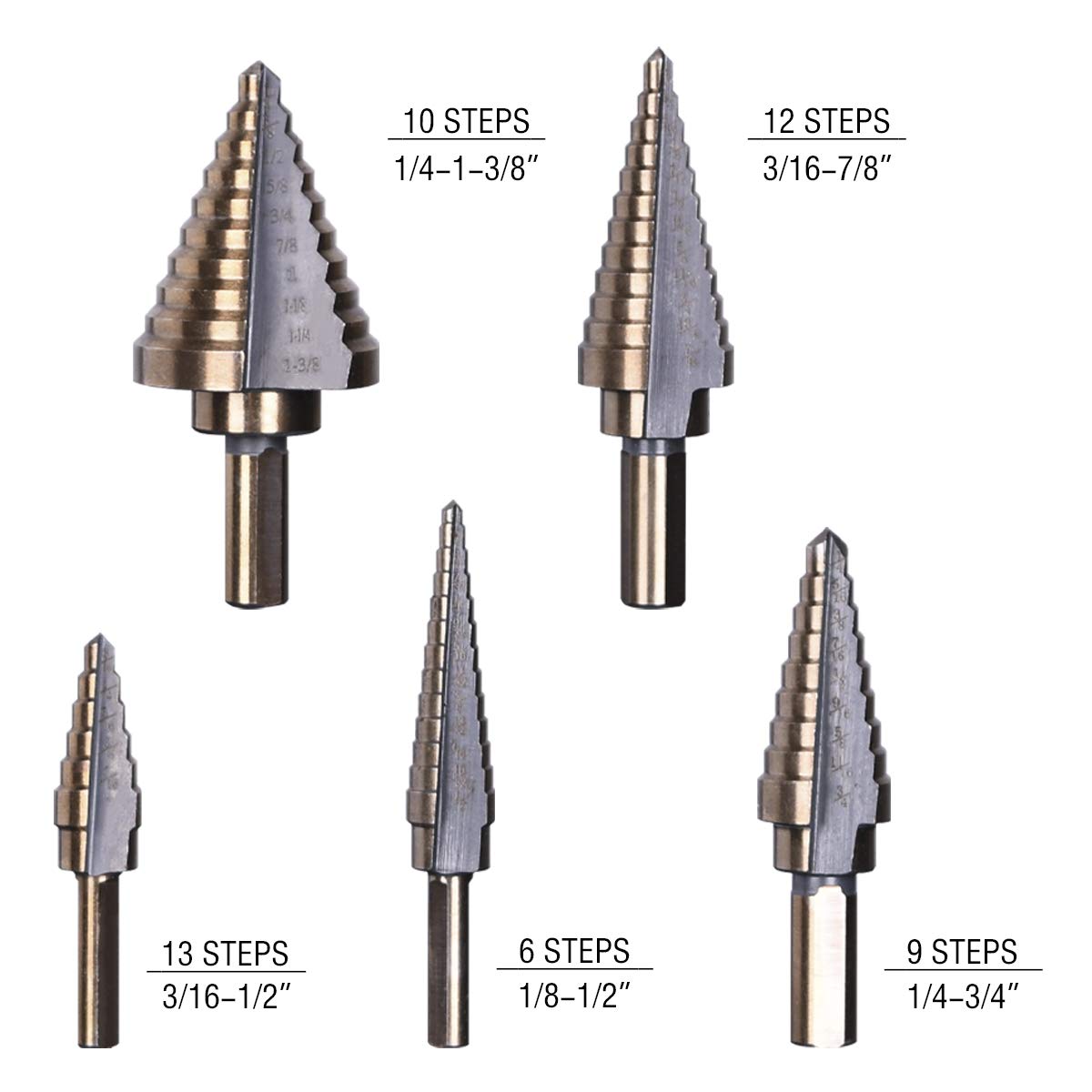 HYCLAT 5PCS Step Drill Bit Set | Titanium High-Speed Steel (HSS) Stepper Cone Drill Bit | Covering 50 Sizes(1/8''-1 3/8''), 135 Degree Point, with Aluminum Case