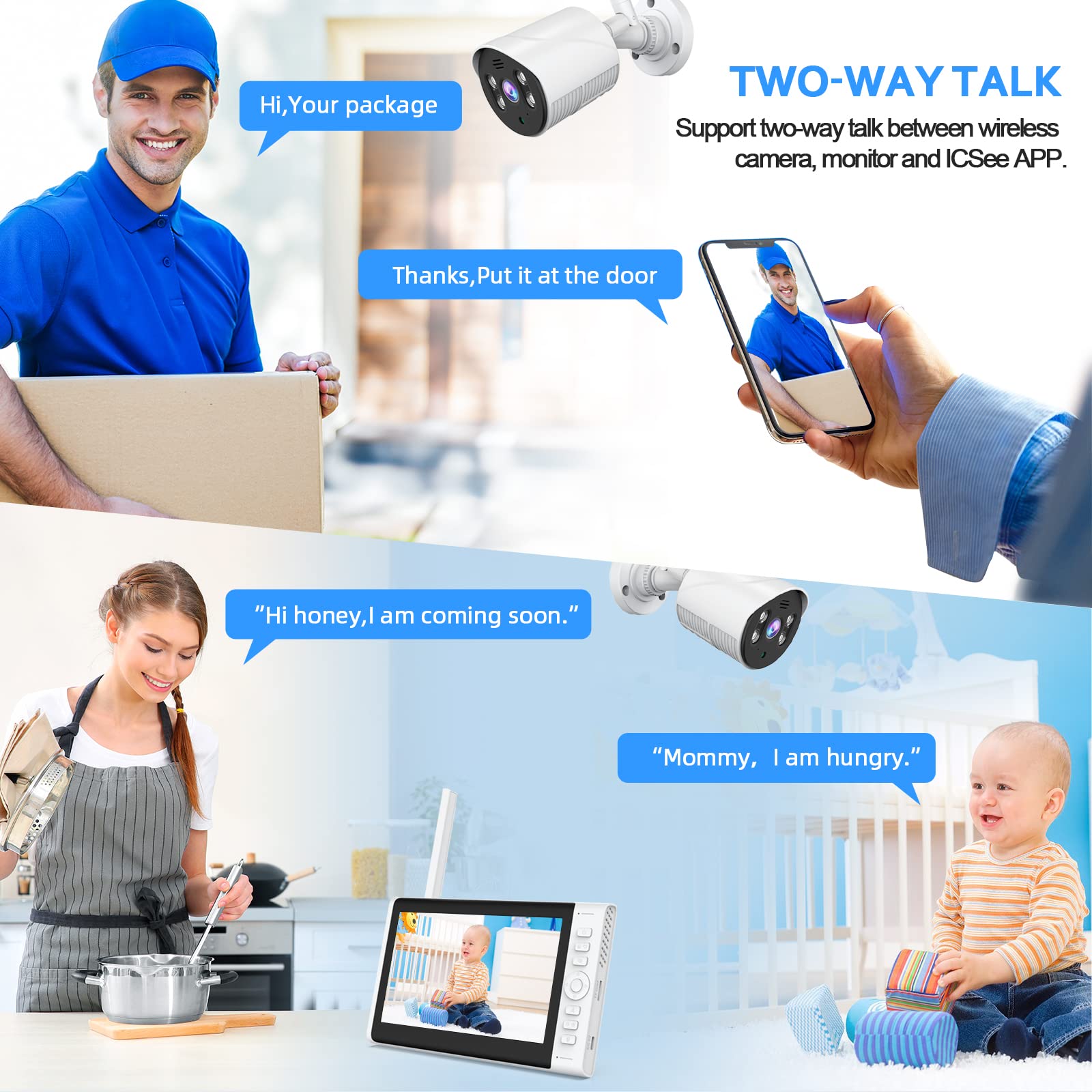 Security Camera System Wireless Outdoor with 7" Portable Monitor, 4Ch Rechargeable NVR with 2Pcs 2MP Home Security Cameras & 32GB SD Card, No WiFi Need, 2 Way Audio, IP66 Waterproof, APP Remote Access