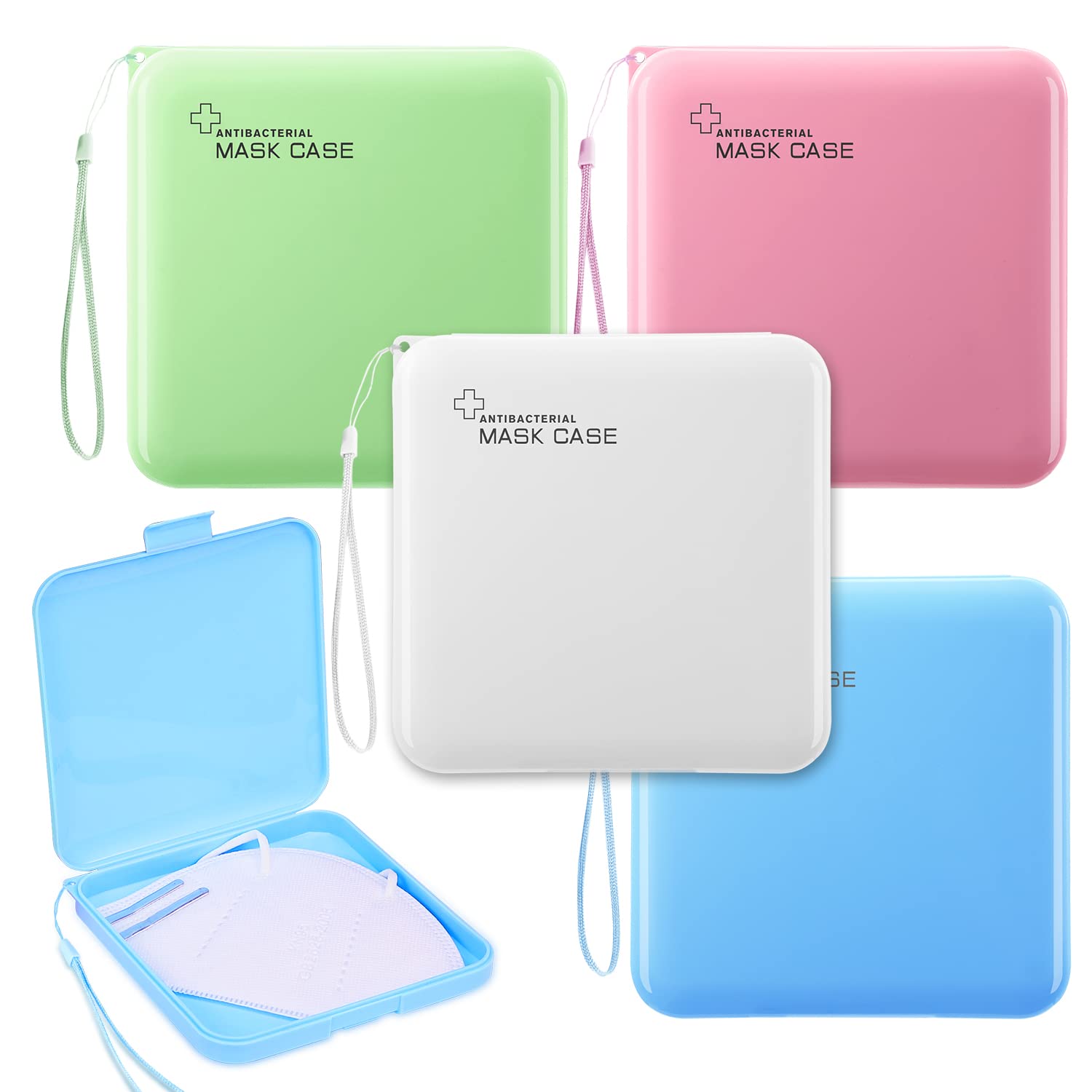 KENOBE 4 Pieces Mask Storage Organizer, Portable Mask Case, Reusable Face Mask Holder Container Keeper Folder with Lids, Recyclable Dustproof Cover for Accessories Storing, White/Pink/Blue/Green