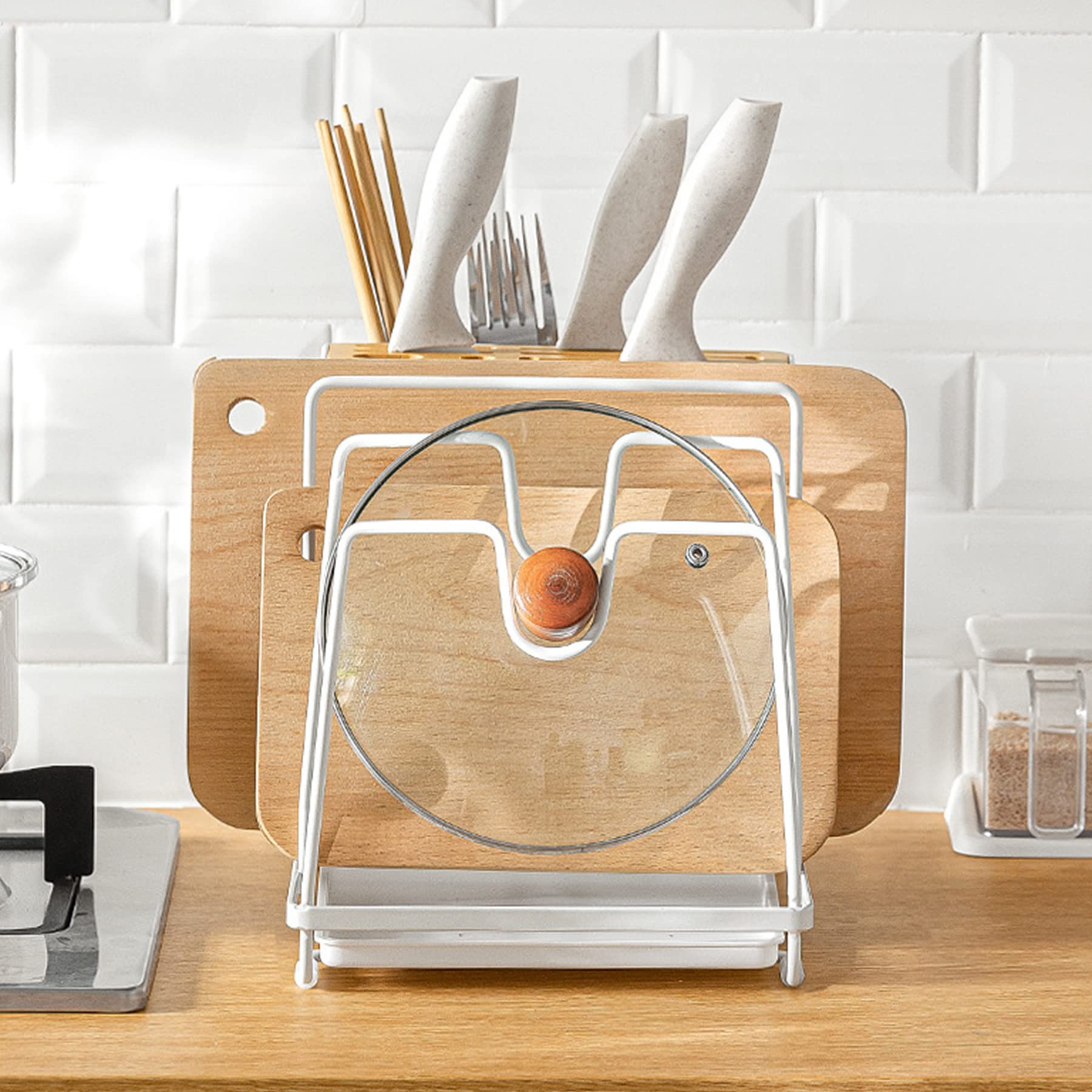 MoonlyTree Kitchen Counter Organizer Knife Block, Anti-Slip Silverware and Utensils Storage with Vertical Knife Holders, Kitchen Rack Cabinet Organizer for Pans Sheets, Cutting Boards and Pot Lids