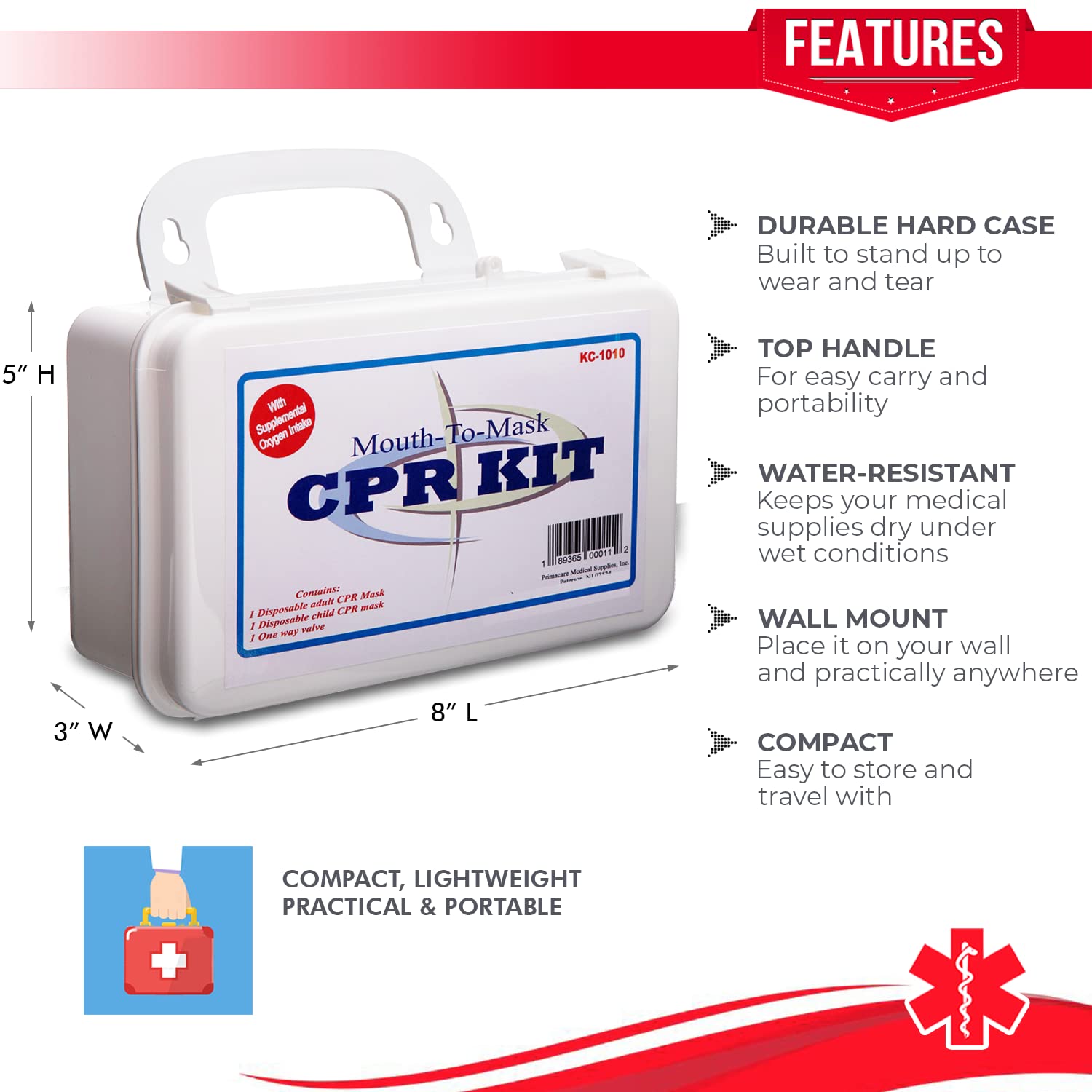 NOVAMEDIC First Aid CPR Mask Kit for Adult, Child and Infant, 8.3βx5βxβ3.1β, Detachable Single Valve Pocket Resuscitator with Hard Case, Wall Mount and Vinyl Gloves