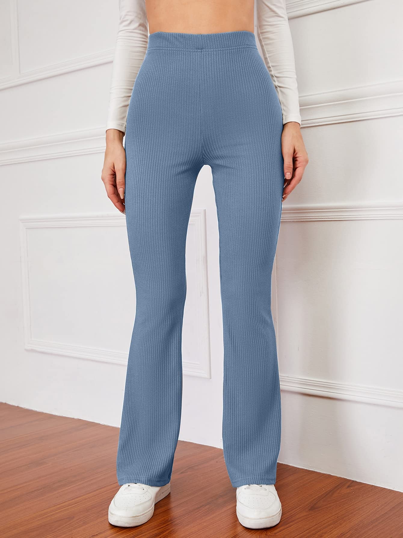 MakeMeChic Women's High Waist Flare Pants Ribbed Knit Bootleg Yoga Pants Dusty Blue L