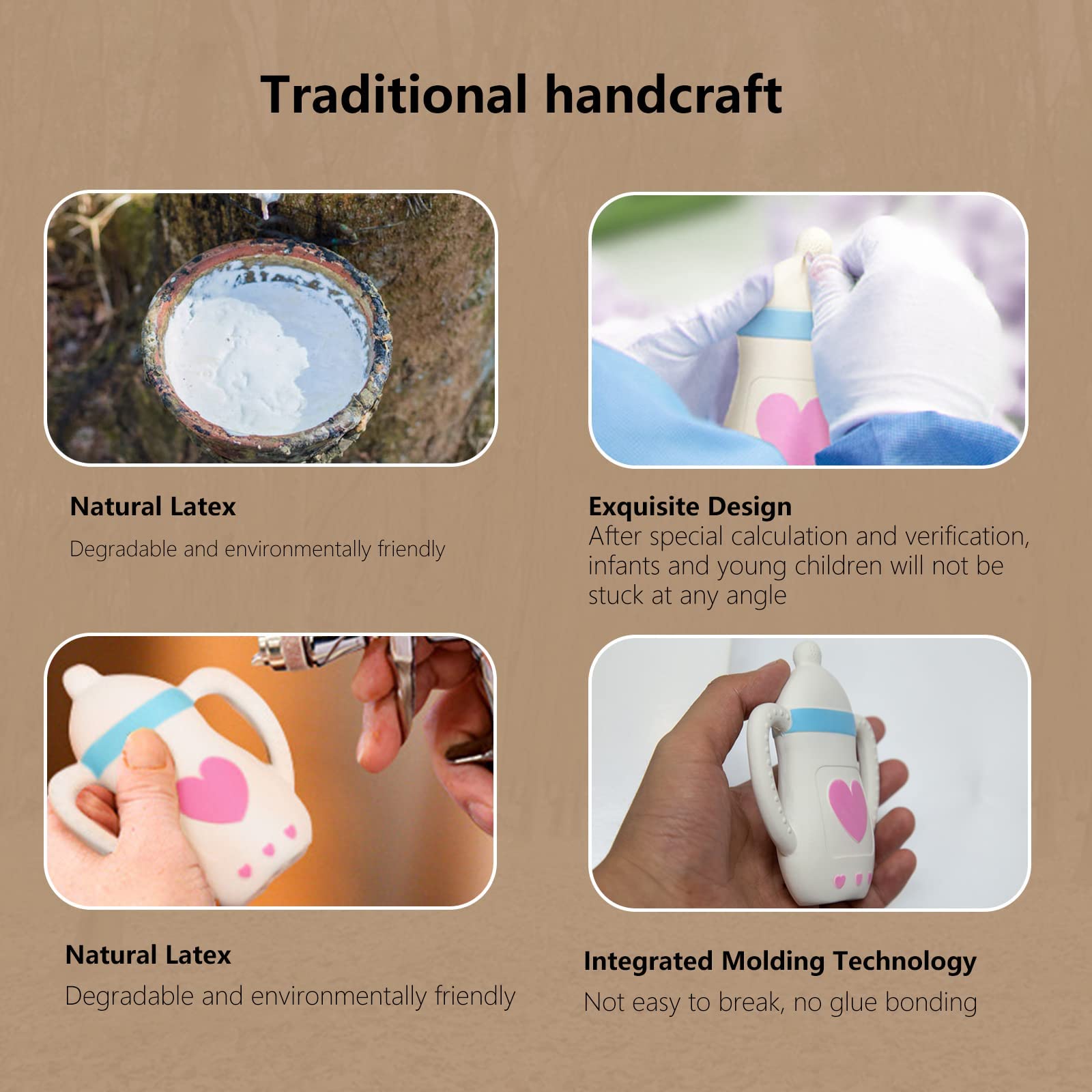 RidiBaby Baby Bottle Teether- Natural Latex Teething Toy for Babies 0-6 Months Soothing Relief- Safe Alternative to Pacifiers, Built-in Whistle with Easy to Hold Handles.