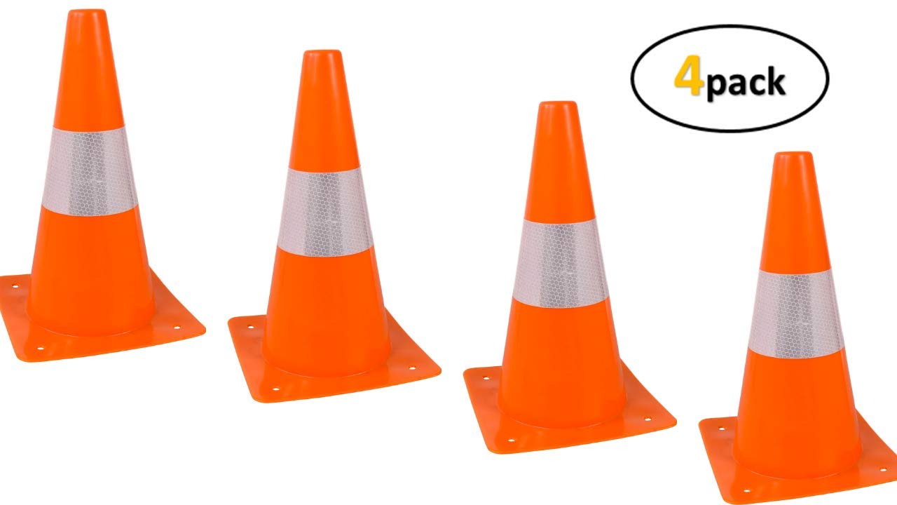 Orange Safety Cones - Hazard Cones (4Pc) 12" Hardware Plastic Safety Cone with Reflective Strip Collar - Great for Kids Play - Physical Distancing Barriers