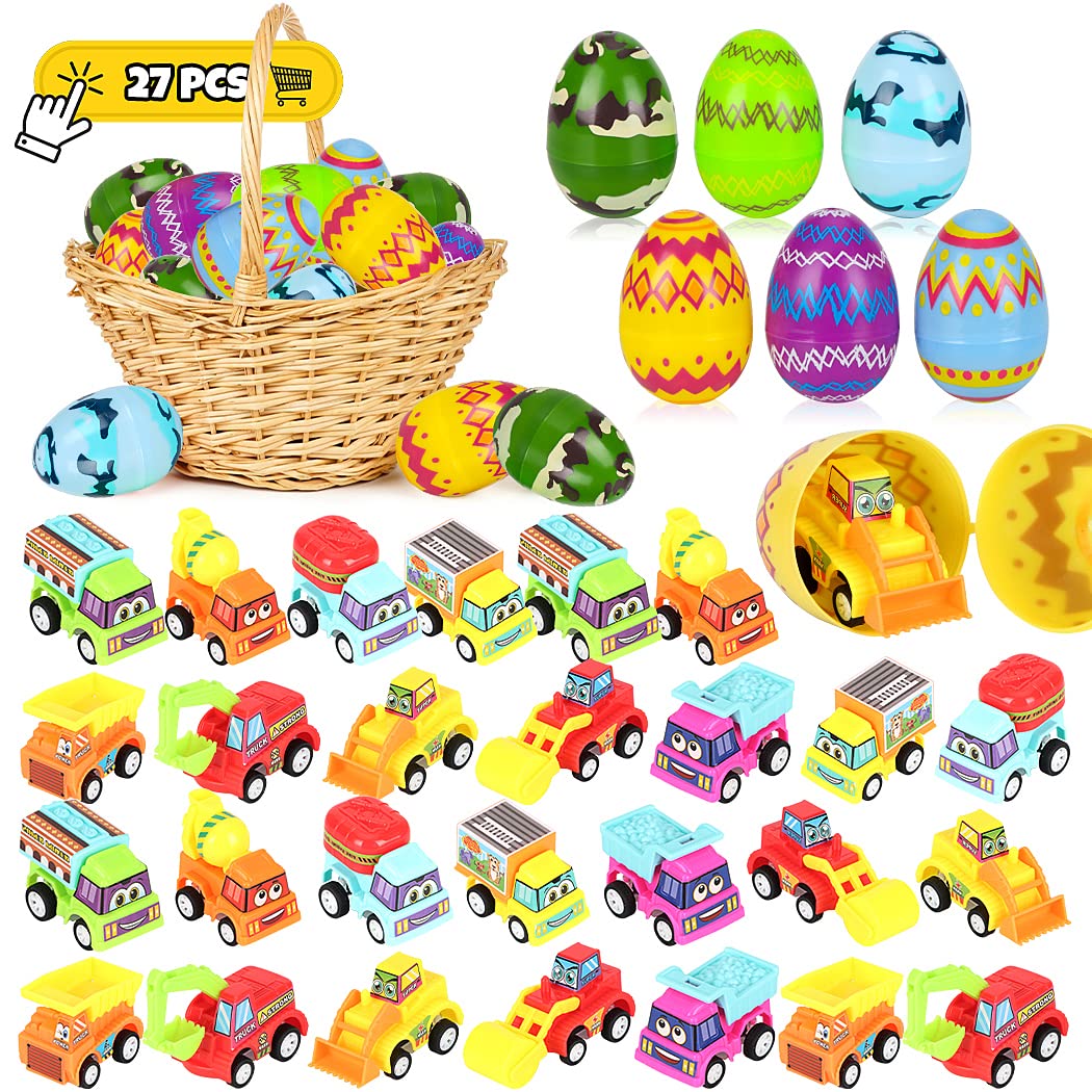 Oroalbb 27Pcs Easter Eggs with Toys Inside, Easter Eggs Filled with Pull Back Cars for Boys for Basket Stuffers/Filler, Easter Eggs with Construction Vehicles Toy