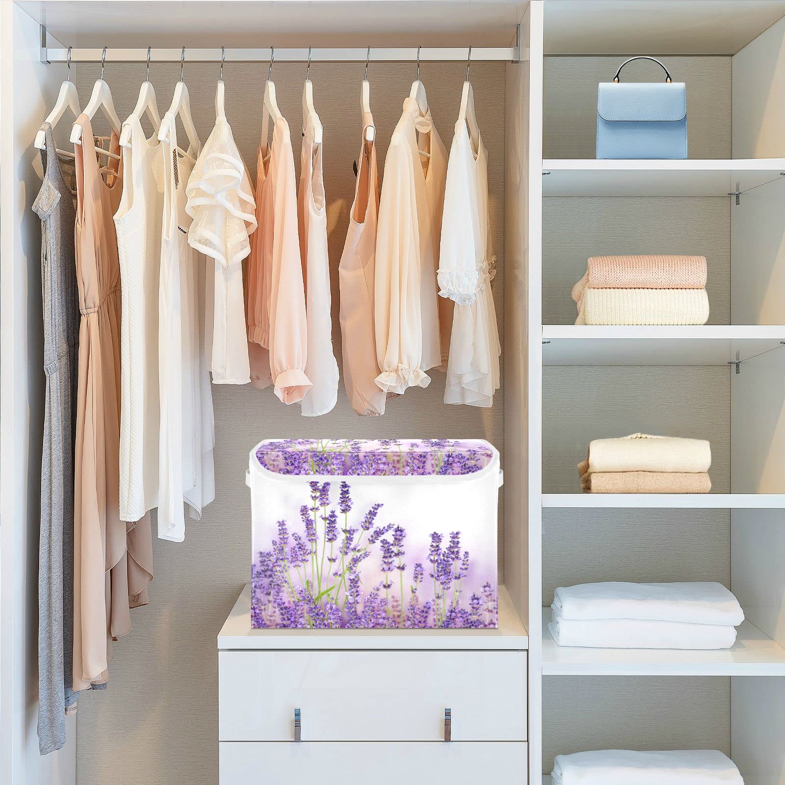 Kigai Collapsible Lavender Flowers Storage Basket with Lids and Handles,Storage Bins for Shelves Closet Bedroom,Office Storage