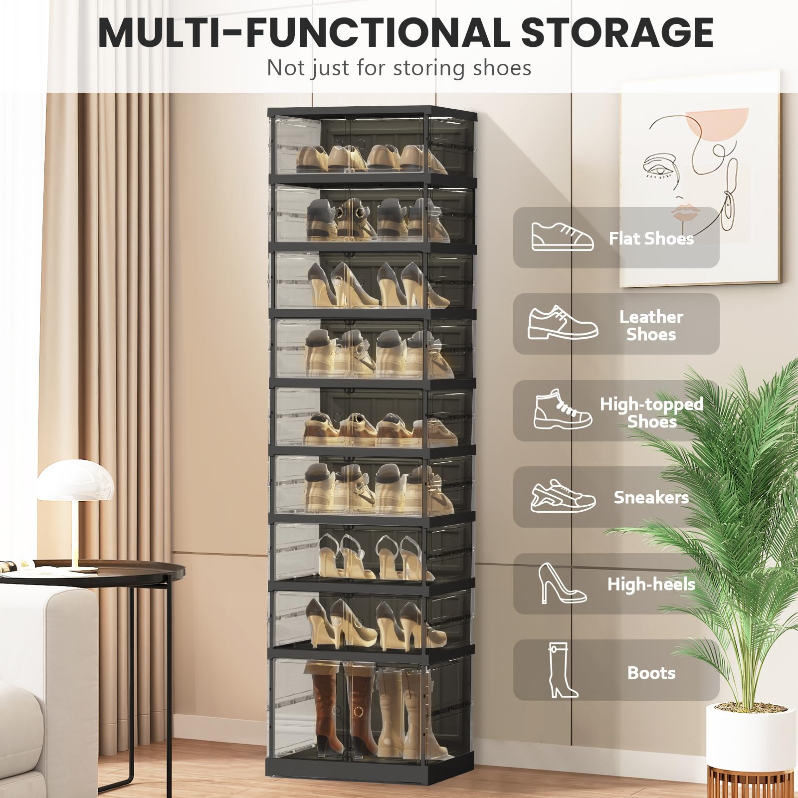 SYNCVIBE Foldable Shoe Organizer with doors 9 Tier 18 Pairs Folding Shoe Rack, Transparent Shoe Storage Shelf for Closet, Stackable Sneaker Shoes Storage Boxes, Large Shoe Storage Cabinet