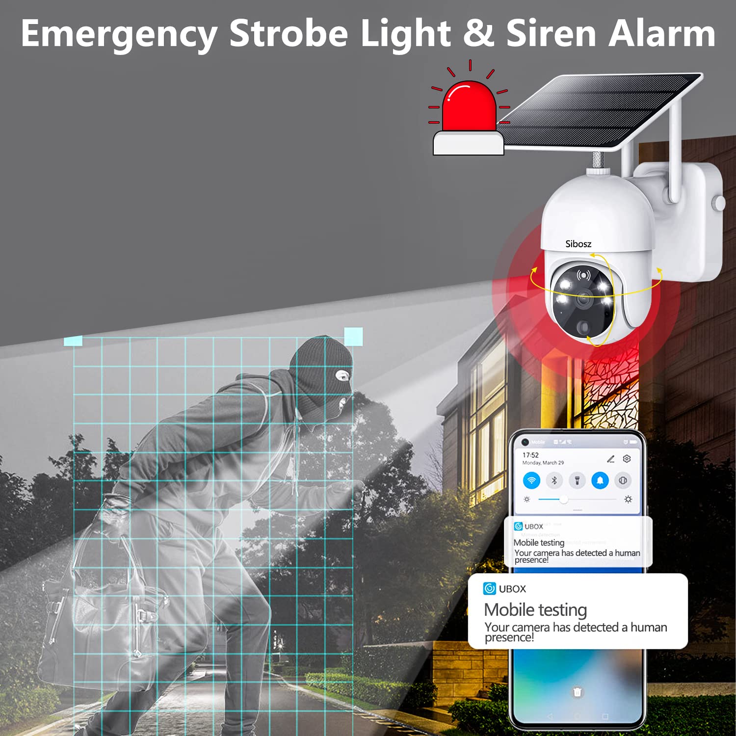 Sibosz Wireless Security Cameras, Solar Powered Surveillance PTZ Camera Outdoor 2.4GHz WiFi with 1080p HD 360° View Two-Way Audio PIR Motion Detection Night Vision SD Card/Cloud Storage