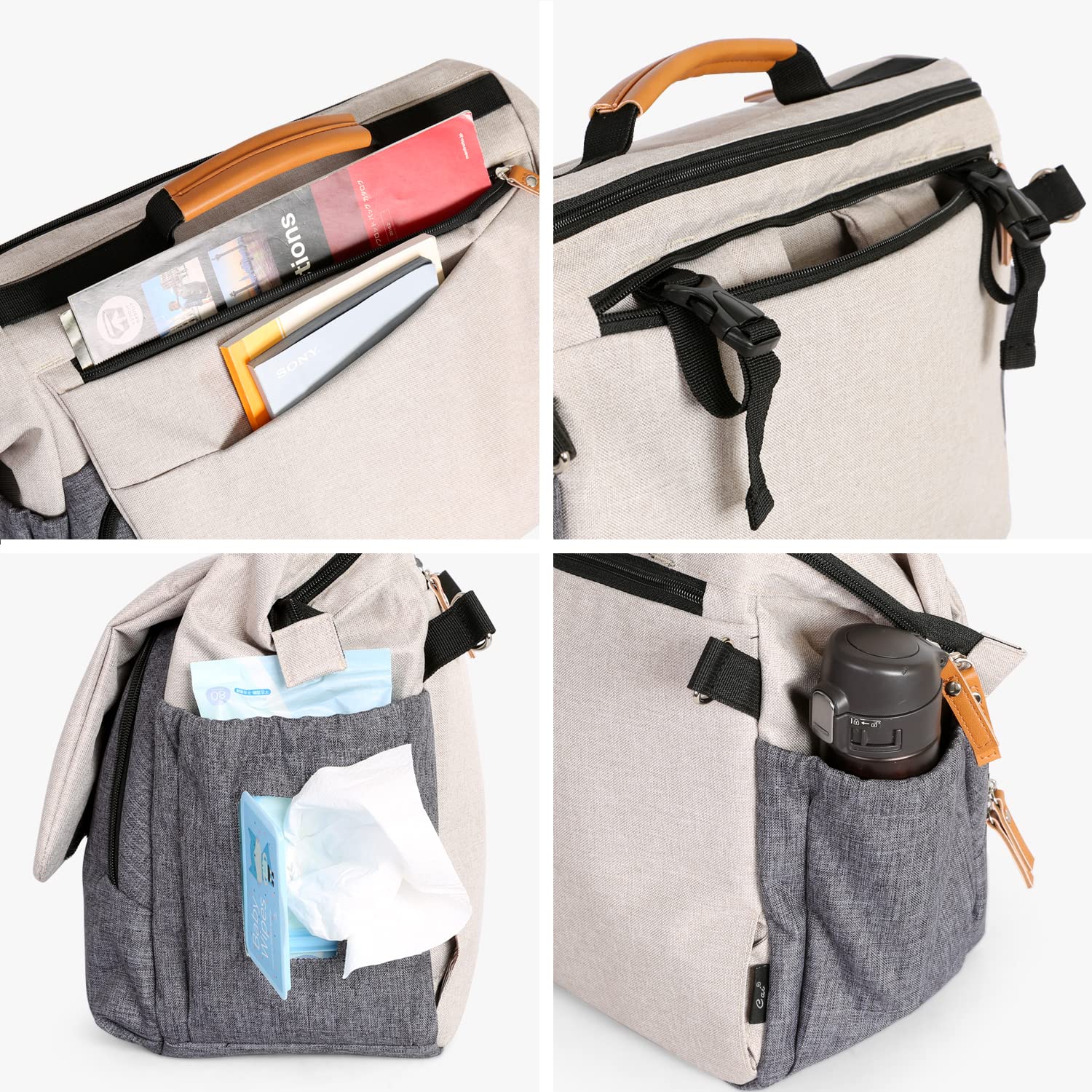 Large Diaper Bag w/Changing Pad, Messenger & Backpack Diaper Bag, Laptop Convertible Wide Open Mommy Bag, Waterproof w/Stroller Belts (Beige/Grey)