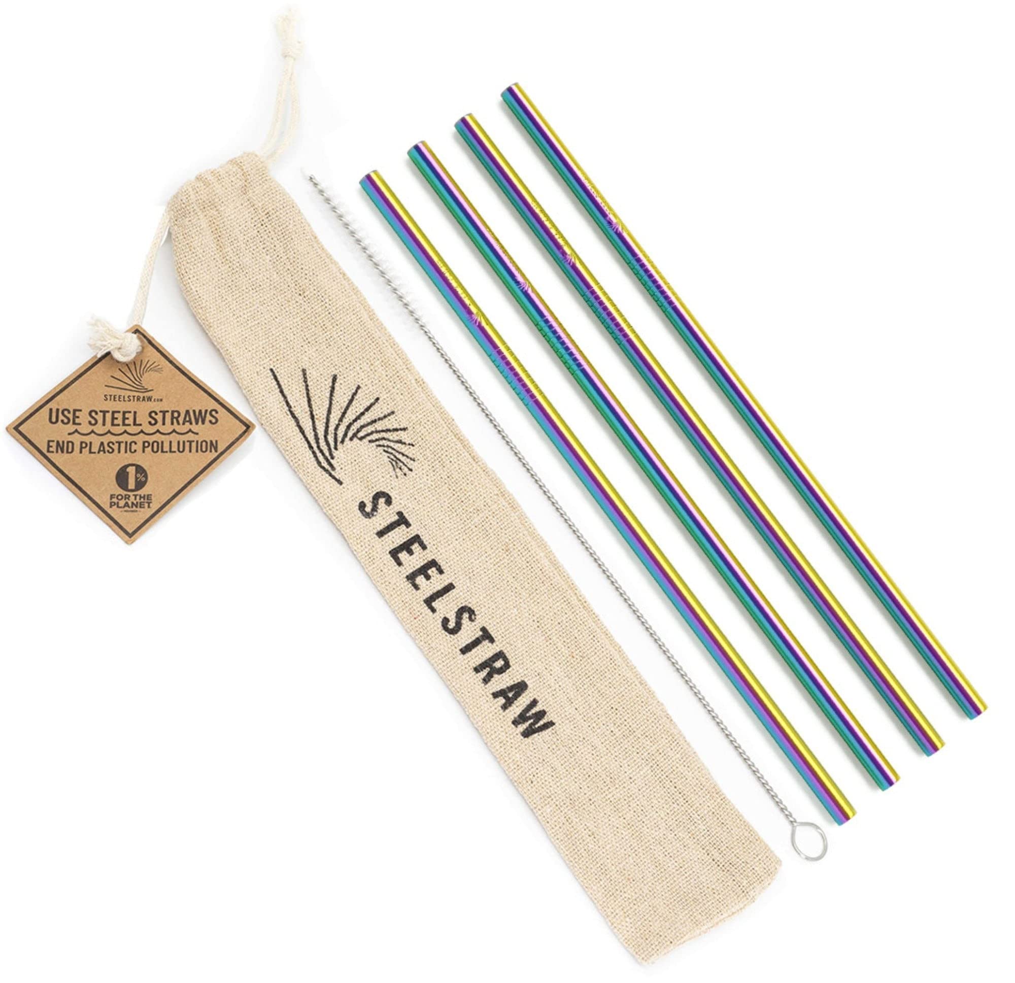 Metal Straws - 4 Reusable Stainless Steel Straws w/Cleaning Brush in Cloth Bag - Straight Straw fits 20 oz Tumblers