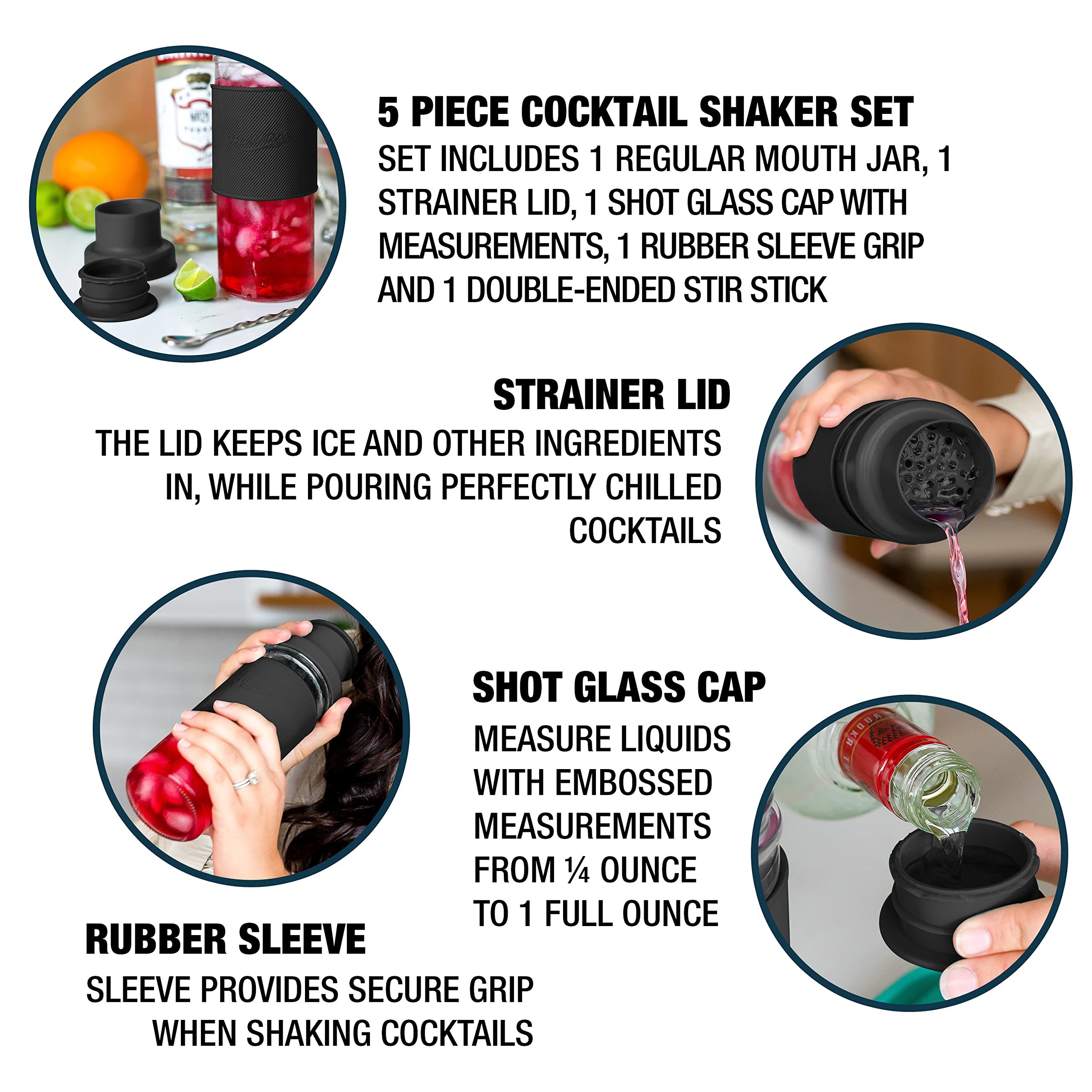 Masontops Cocktail Shaker Set – Glass Mason Jar Drink Shaker – 4 PC Set with Metal Swizzle Stick - Black