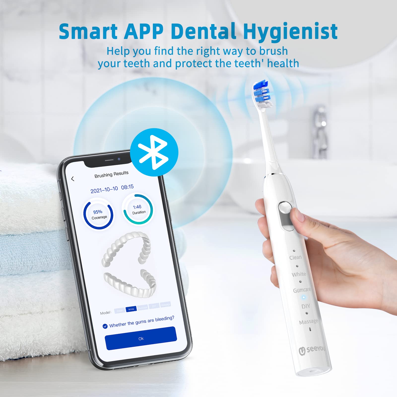 SEEYOU Electric Toothbrush for Adults, Rechargeable Sonic Toothbrush with App and 3 Brush Heads, 5 Modes 4 Mins Smart Timer, 10X Cleaning Toothbrush- White
