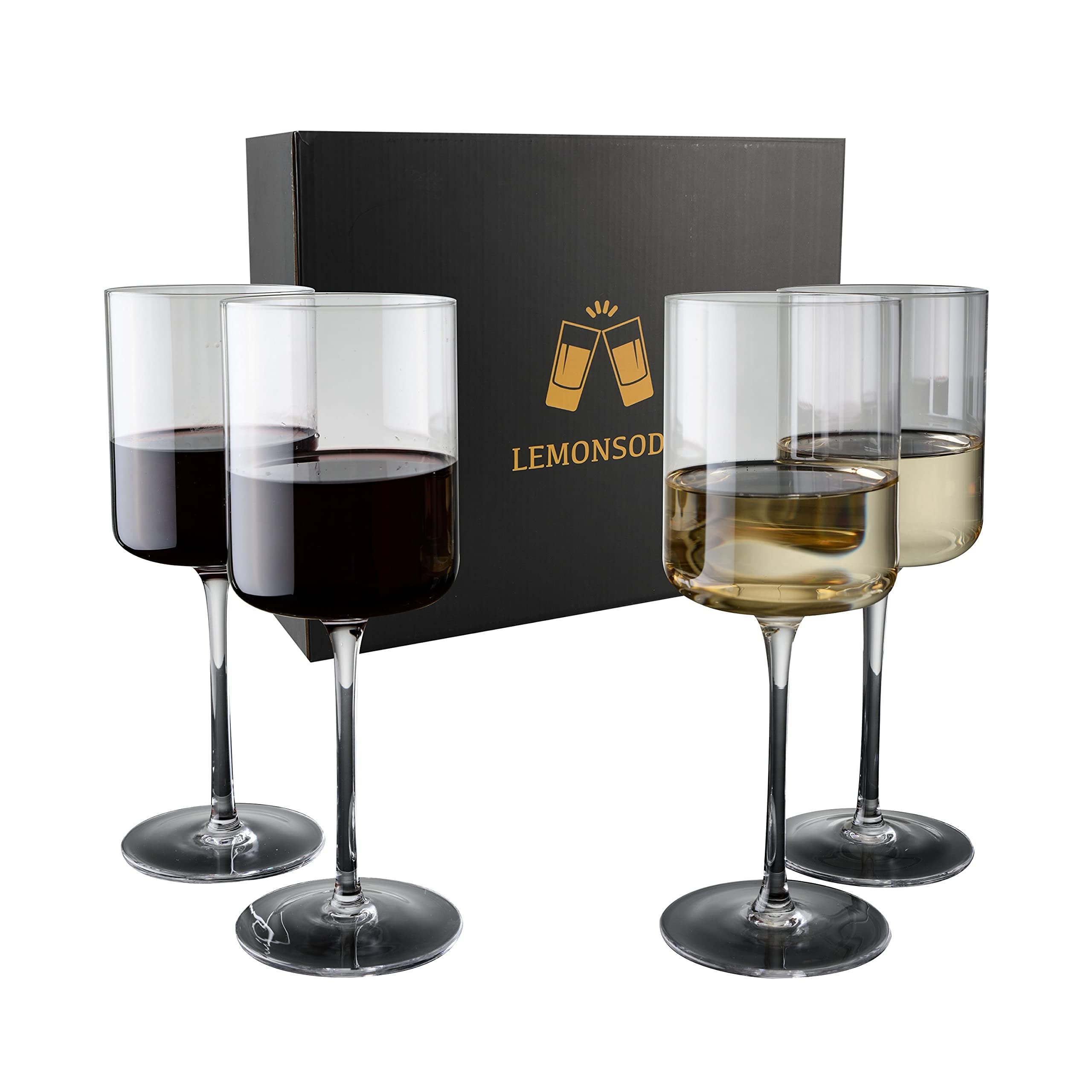 LEMONSODA Luxury Wine Glasses - Elegant Crystal Straight Edge Design - Enjoy Red or White Wine + Cocktails - 450ml (15oz) Lead-Free - Beautiful Gift (Set of 4)