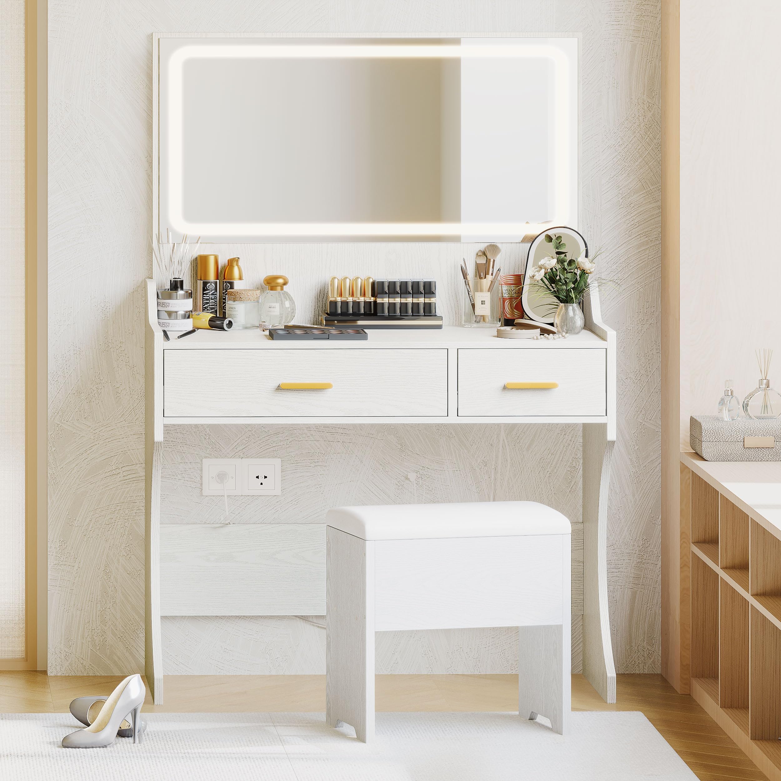 senlin Makeup Vanity Desk with Lights, Chair, and Power Outlet, Small Vanity with Lighted Mirror, Makeup Table with Mirror, Girls Vanity Set, Vanity Desk, Modern Makeup Vanity with Lights(White)