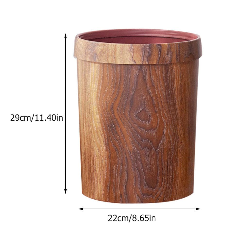 PRETYZOOM Wood Grain Trash Can, 10L Round Plastic Wastebasket Bedroom Kitchen 11x9 Inch Vintage Recycling Bin Rustic Garbage Can with Removable Bag Holder for Bathroom Offices