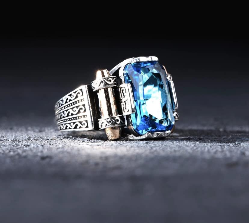 Man Silver Aquamarine Stone Ring, Blue Aquamarine Stone Ring, Vintage Men Ring, Turkısh Ottoman Men Ring, 925k Sterling Silver Ring