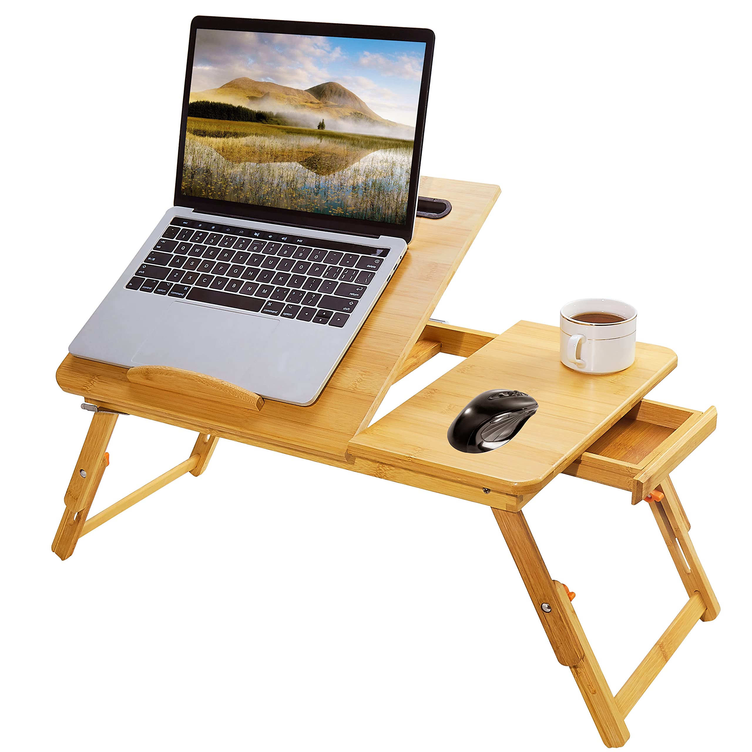 Lap Desk, DELAM Foldable Bamboo Laptop Bed Desk, Adjustable Height Breakfast Serving Bed Tray Table with Tilting Top Storage Drawer for Work Office Bedroom Reading Writing Eating