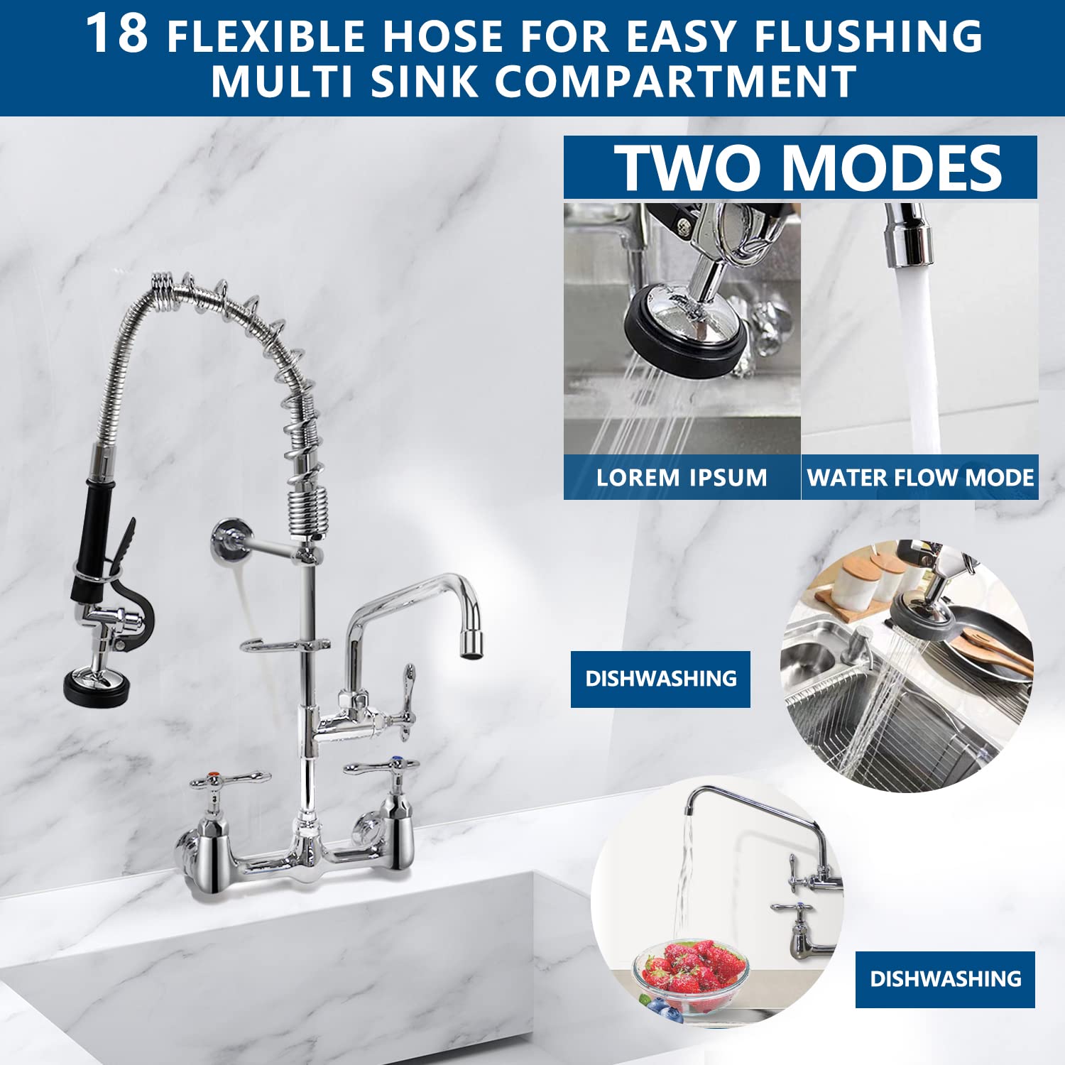 MYWHITENG Commercial Kitchen Faucet with Sprayer, 8 Inch Adjustable Wall Mounted Restaurant Faucets 12" Spout Pull-Down PreRinse Faucet 25” Height Suitable for 1, 2 or 3 Compartment Sink (Solid Brass)
