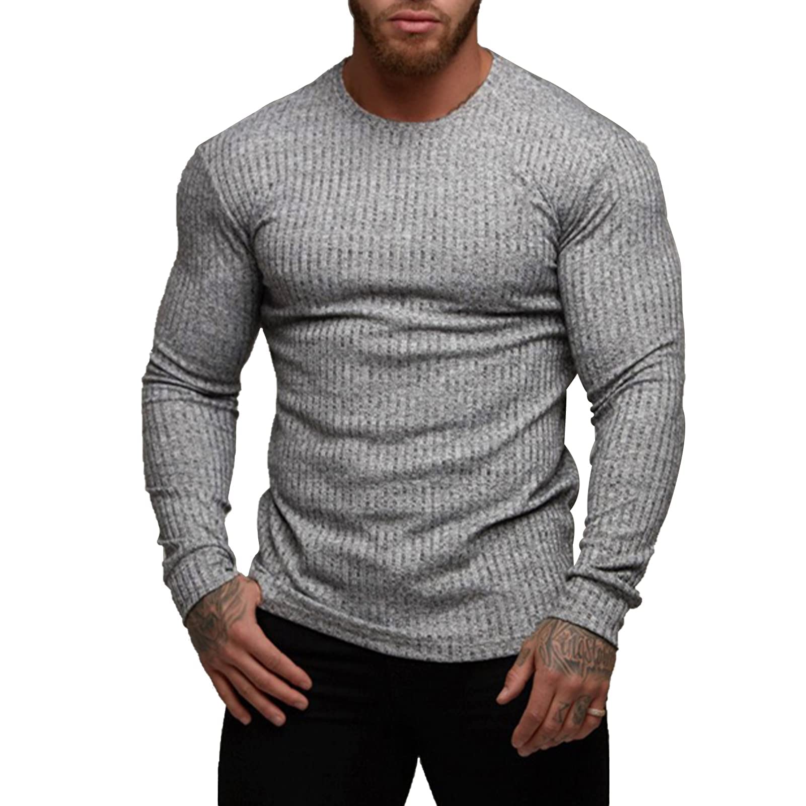 MorwenVeo Men's Muscle Slim Fit T Shirts Stretch Knit Long Sleeve Gym Workout Tee Shirts Athletic Casual Plain Basic T-Shirts