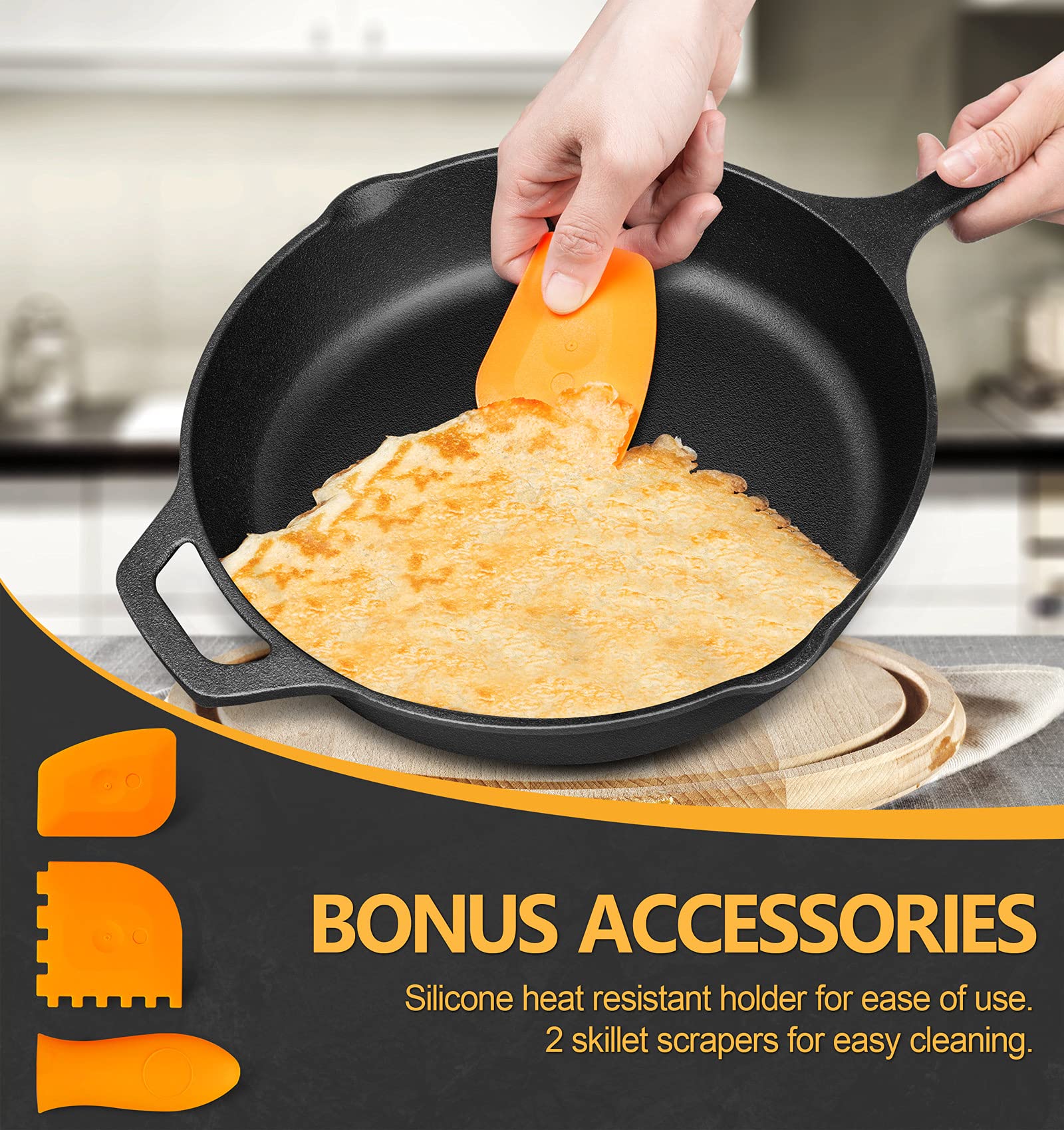 MICHELANGELO Cast Iron Skillet, 12 Inch Cast Iron Skillet With Lid, Preseasoned Large Skillet Oven Safe, Iron Skillets for Cooking with Silicone Handle & Scrapers - 12 Inch