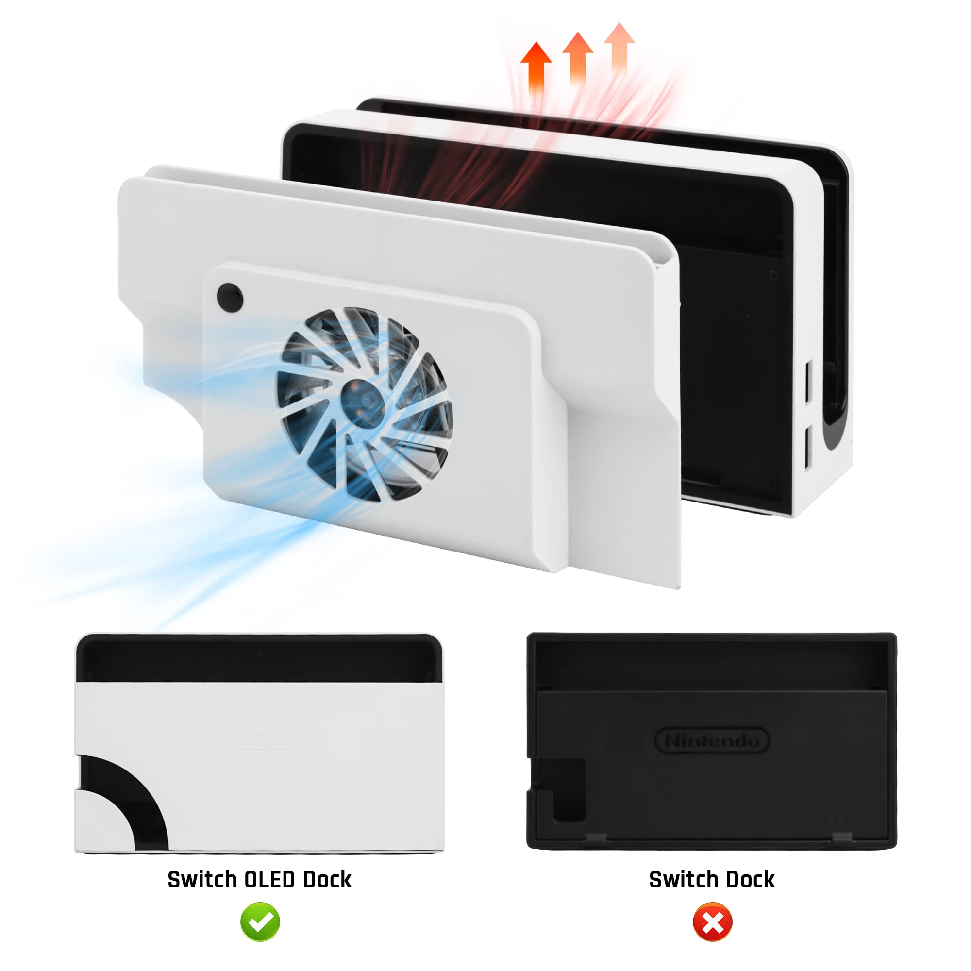 RHOTALL Cooling Fan Compatible with Nintendo Switch OLED Dock, Cooler Replacement for Switch OLED, Heat Dissipation Dock Replacement for Switch OLED with Fan, LED Light, Game Card Slots - White