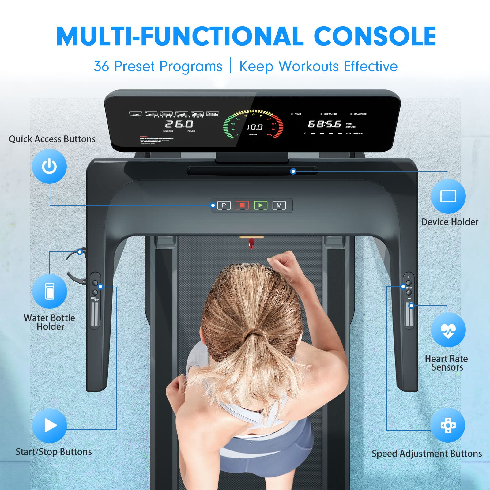 OMA Treadmills for Home, Max 2.5HP 300 LBS Capacity Folding Treadmill with LED Display, 36 Preset Programs, Walking Jogging Running Exercise Machine
