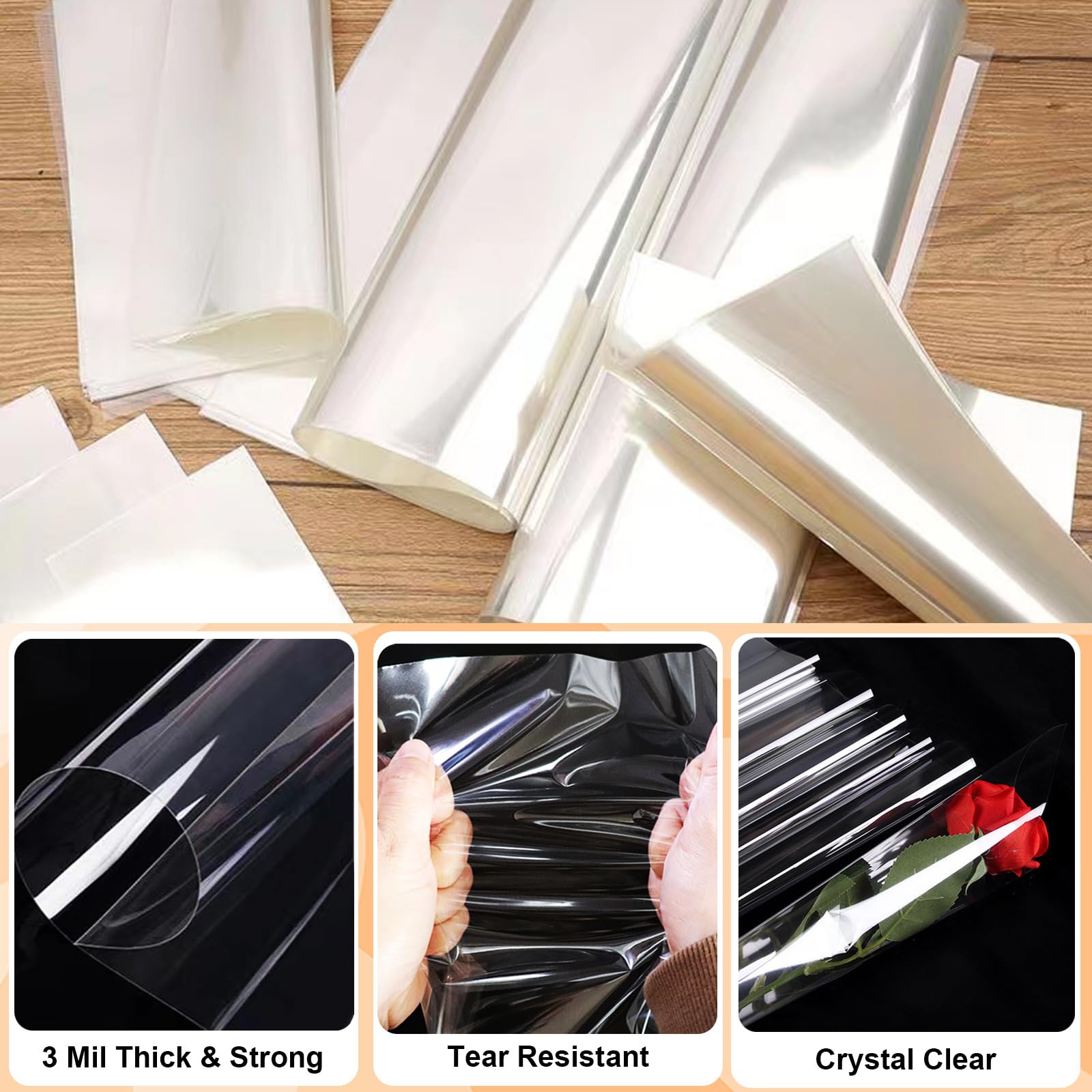 SYOGUA 150 Pcs Clear Cellophane Sheets, 9 x 9 Inches 3 Mil Thick Candy Wrapper Clear Gift Wrap Sheet, Crystal Clear Cellophane Wrap Paper for Treats, Candies, Cake Pop, Henna Cones, DIY Crafts