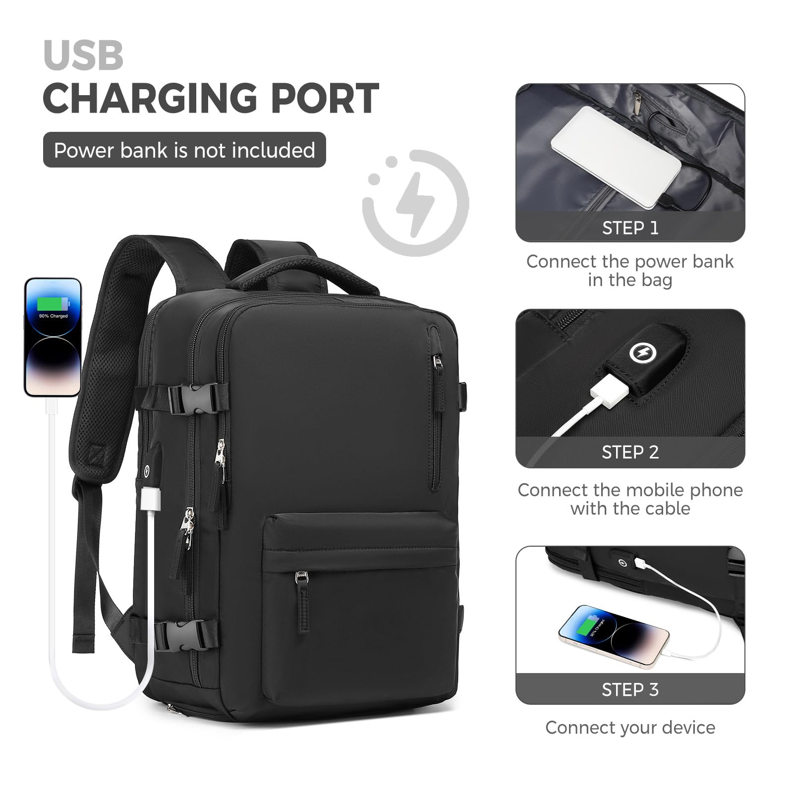Jyvexius 17 Inch Carry-On Backpack, Large Travel Backpack for Women and Men with USB Charging Port, Airplane Approved Water Resistant Lightweight Daypack for Flight - Beige