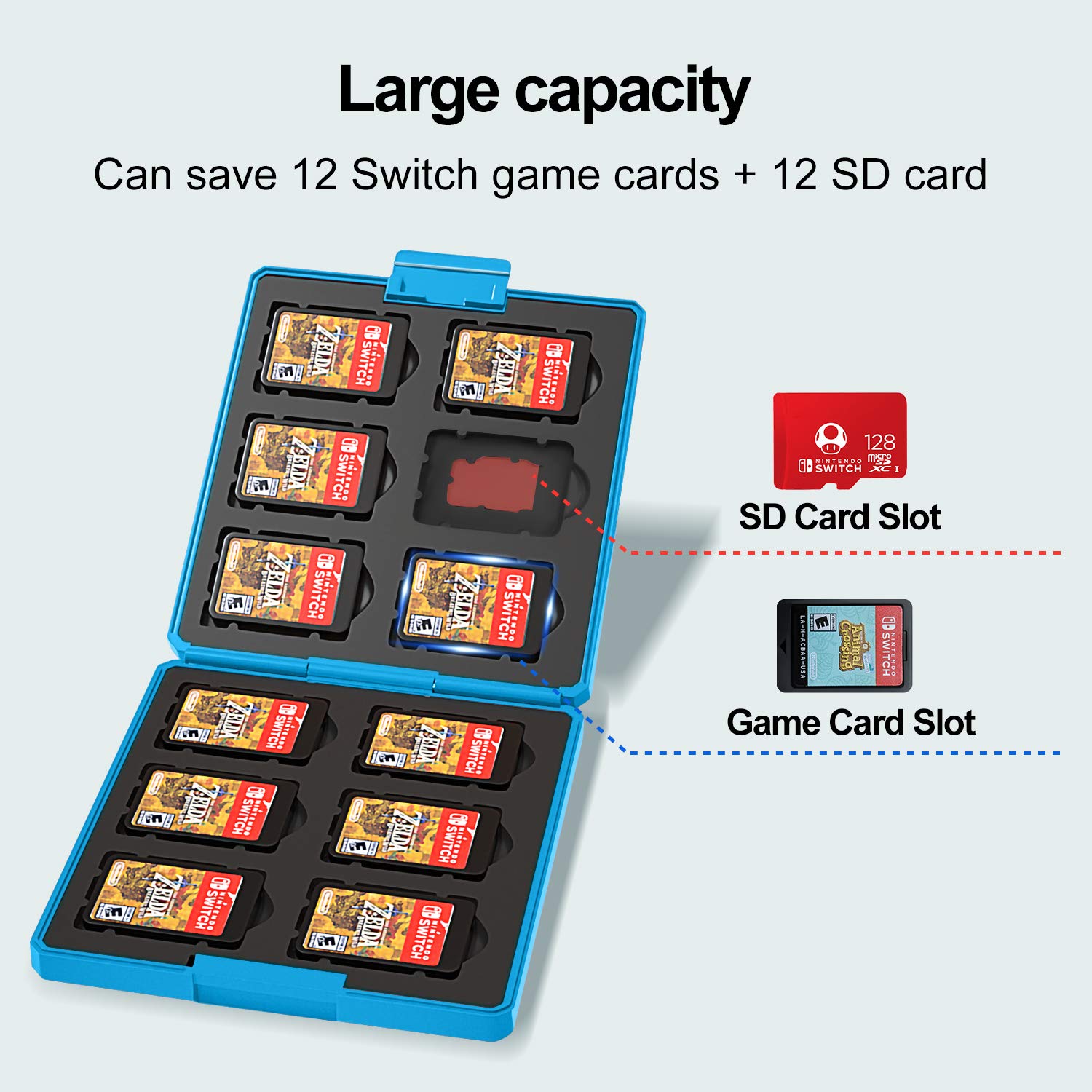 JINGDU Game Card Case for Switch, Durable & Slim Hard Shell Box, Cute Protective Shockproof Cartridge Holder Carrying Storage Case Box with 12 Slots for Switch / Lite / OLED Games, Zelda Badge Y