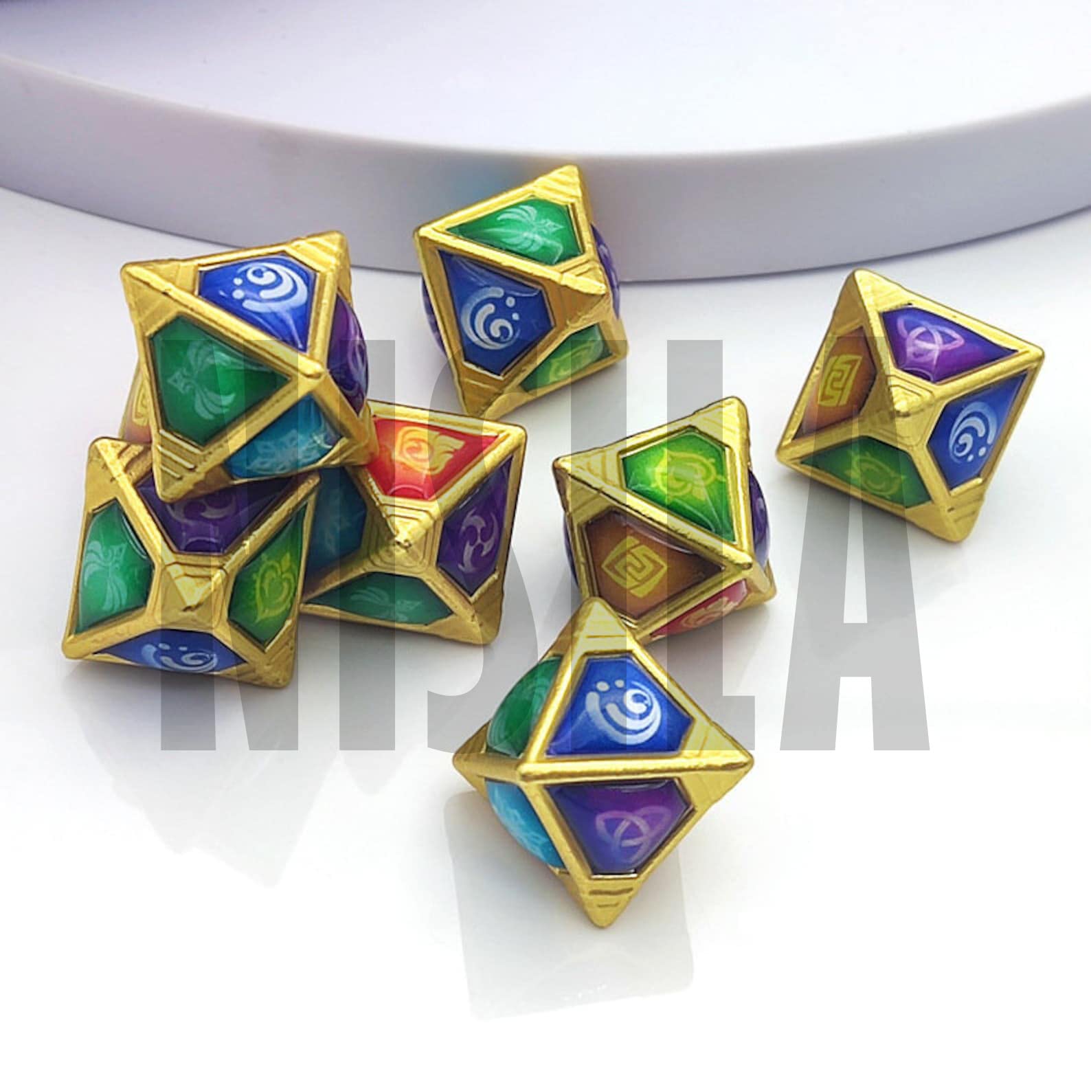 NISILA Genius Invokation Dice Set 8 with Dice Pouch for Genshin Impact TCG Playing Games, Element Polyhedral Metal Dice Set
