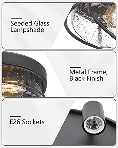 HWH INVESTMENT Flush Mount Ceiling Light Fixtures, 12 inch 2-Light Farmhouse Close to Ceiling Light Fixture with Seeded Glass Shade, Sand Black Finish, 5HTJ7-F BK