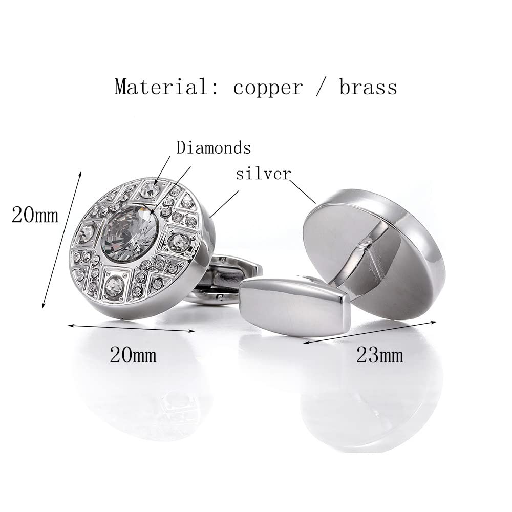 Men's Shirt Cufflinks Metallic Silver Cufflinks Flash Diamond Round French Shirt Sleeve Studs Cufflinks