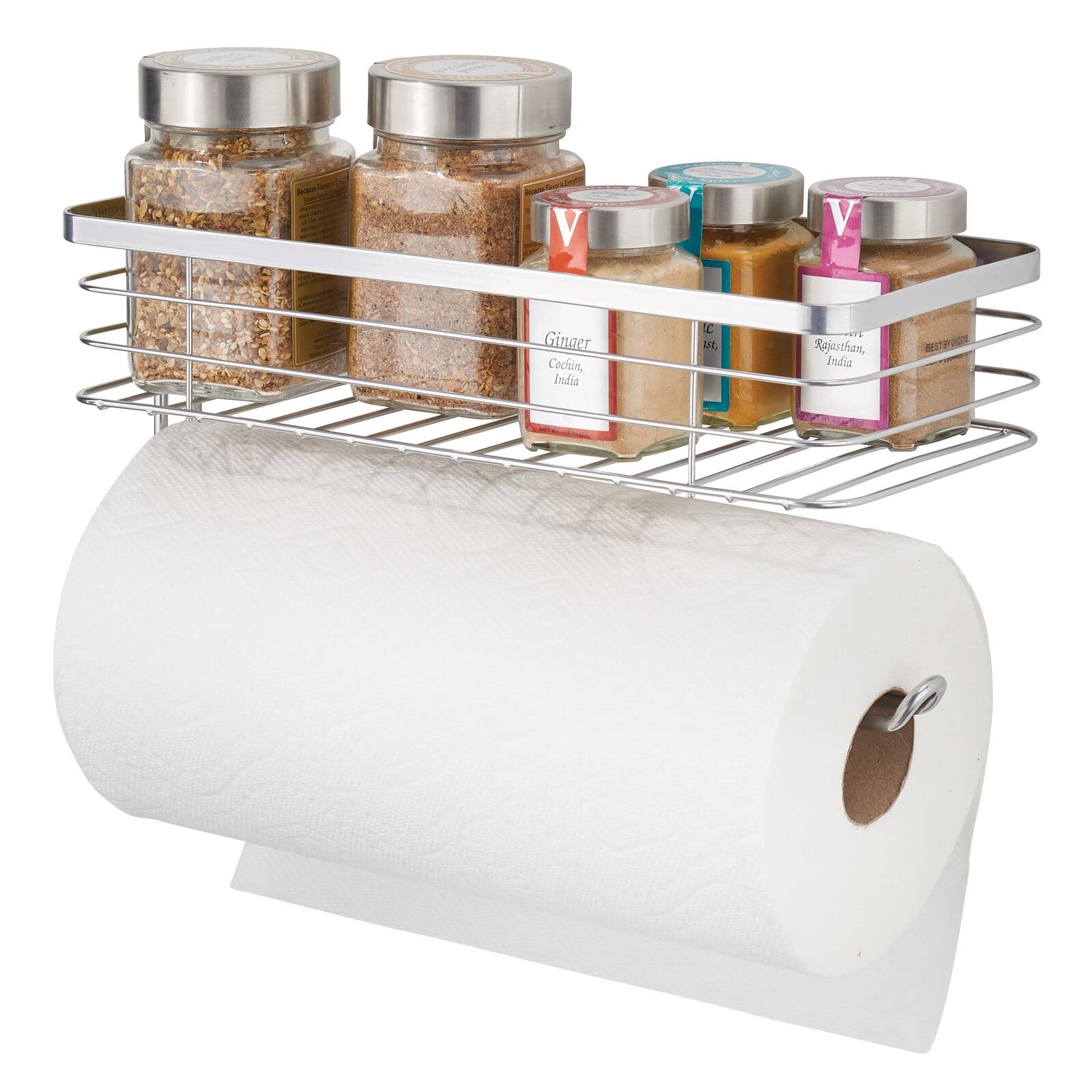 mDesign Steel Horizontal Wall Mount Paper Towel Holder with Basket Storage Organizer for Kitchen Countertop, Pantry, Cabinet, Cupboard - Holds Spices, Snacks, Drinks - Carson Collection - Chrome
