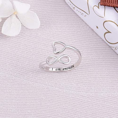 Jinlou 925 Sterling Silver Infinity Ring Inspirational Personalized Adjustable Rings Birthday Graduation Gift for Women Teen(I Am Enough)