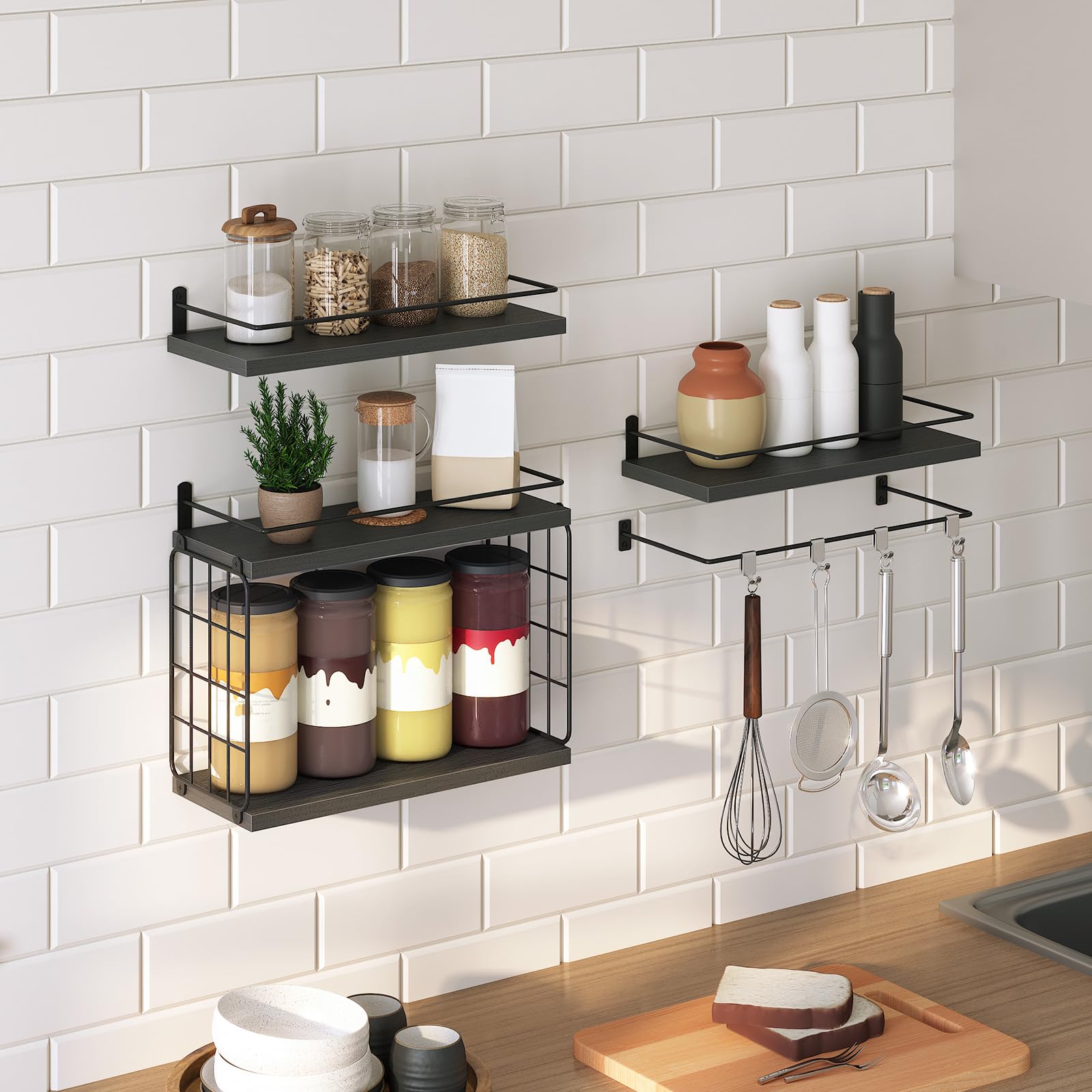 HOOBRO 4+1 Tier Floating Shelves, Bathroom Shelves Over Toilet with Wire Storage Basket, Wall Mounted Floating Shelf Organizer, Rustic Brown BF30BJ01