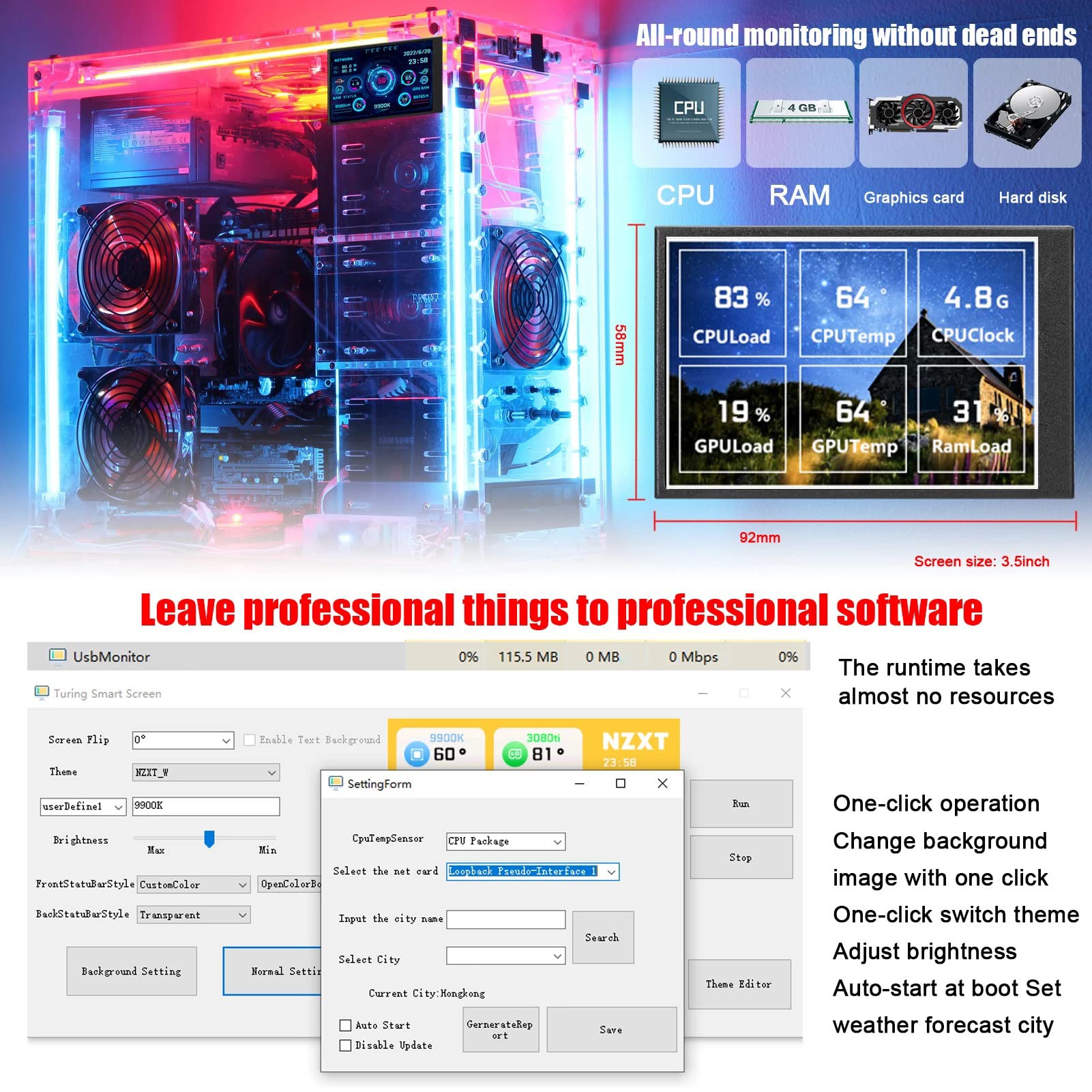 PC CPU Data Monitor, 5in IPS USB Mini Screen Computer Sensor Panel Display Temperature Monitor for AIDA64 PC CPU Data Monitor, Only Support for Windows System