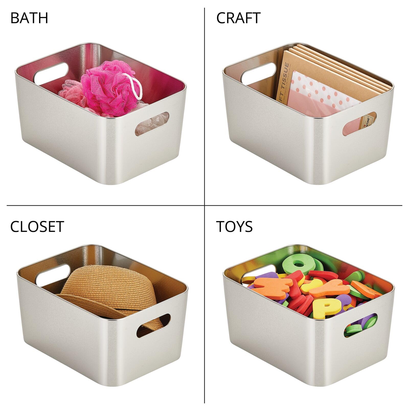 mDesign Steel Metal Storage Container Bin Basket, Handle - Kitchen Pantry, Cabinet, Fridge, Drawers, Freezer Organization - Food/Snack Holder Crates, 9" Wide, Mirri Collection, 2 Pack, Brushed Chrome