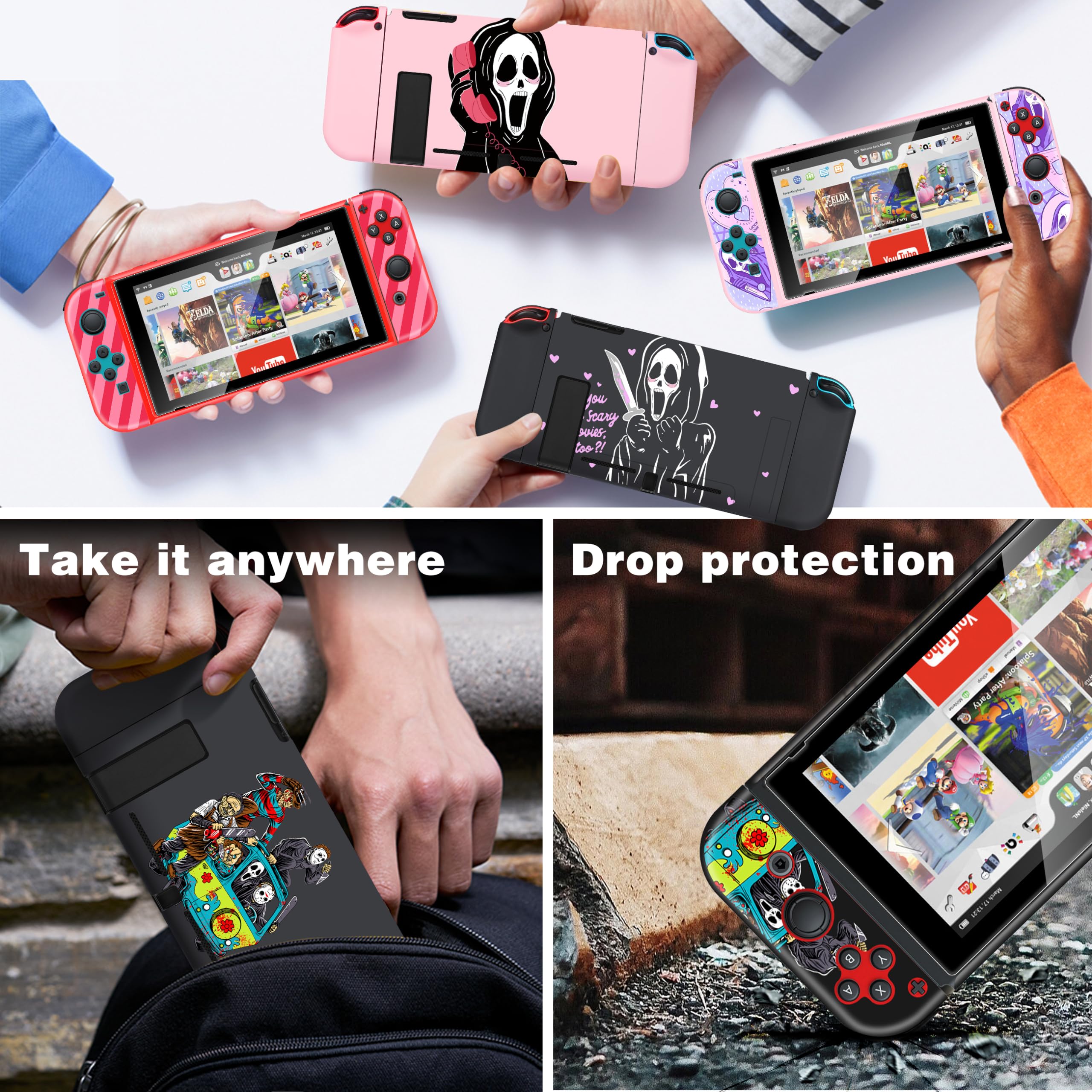 Oqplog Ghost Case for Nintendo Switch Cool Design Skeleton Skull Design Character Fashion Scratch Resistant Cases Hard Shell Cover for Girls Kids Boys Men for Switch,car