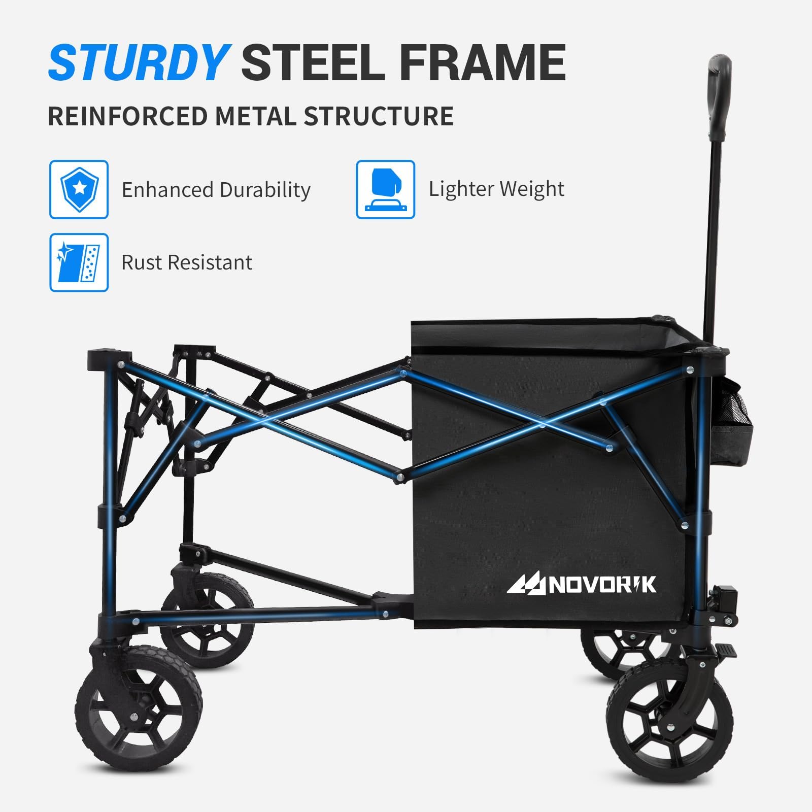 NOVORIK Collapsible Foldable Wagon Black, Folding Outdoor Utility Wagon 330lbs Weight Capacity, with All Terrain Wheels, Cup Holders, Adjustable Handle, Heavy Duty Cart for Camping, Shopping