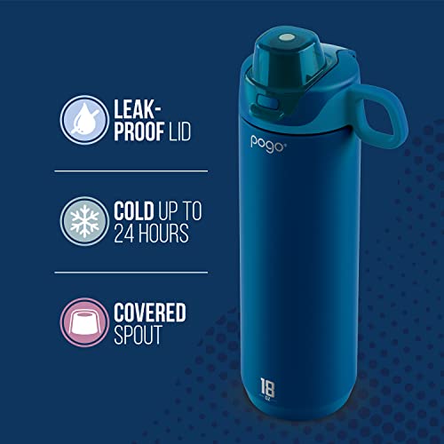 Pogo Active Vacuum Insulated Stainless Steel Water Bottle with Leak Proof Chug Lid and Silicone Carry Loop, Powdercoat, Poseidon, 18 oz