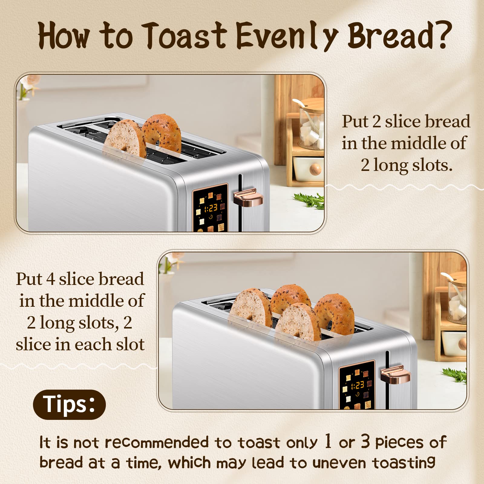 SEEDEEM Toaster 4 Slice, Long Slot Toaster with LCD Display Touch Buttons, 7 Shade Settings, 6 Bread Selection, Stainless Steel Toaster for Bagel, Removable Crumb Tray, 1400W, Silver Metallic