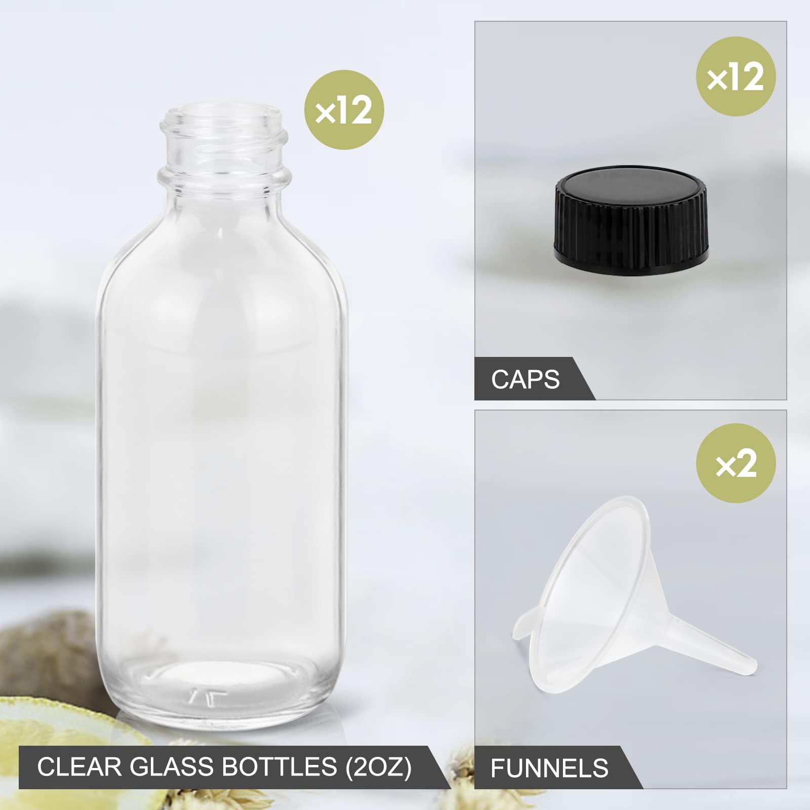 Rionisor 2OZ Small Glass Bottles with Lids and Funnels, 60ml Boston Round Glass Bottles, Perfect for Diy Essential Oils, Perfumes, Whiskey and Juices, 12 Pack Clear