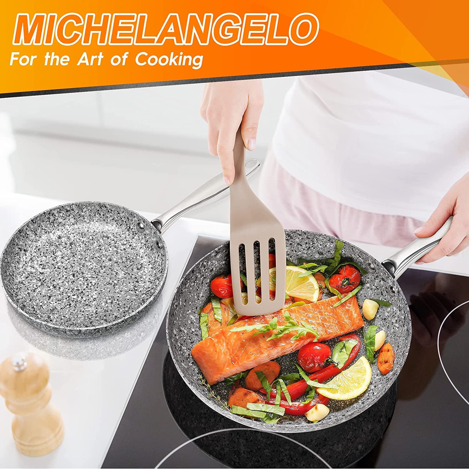MICHELANGELO Saucepan Set with Lid, Nonstick 1Qt & 2Qt Nonstick Sauce Pan Set with Lid, Small Pot with Lid, Nonstick Granite Saucepan Set, with Stone Frying Pans Set 8/9.5/11 inch