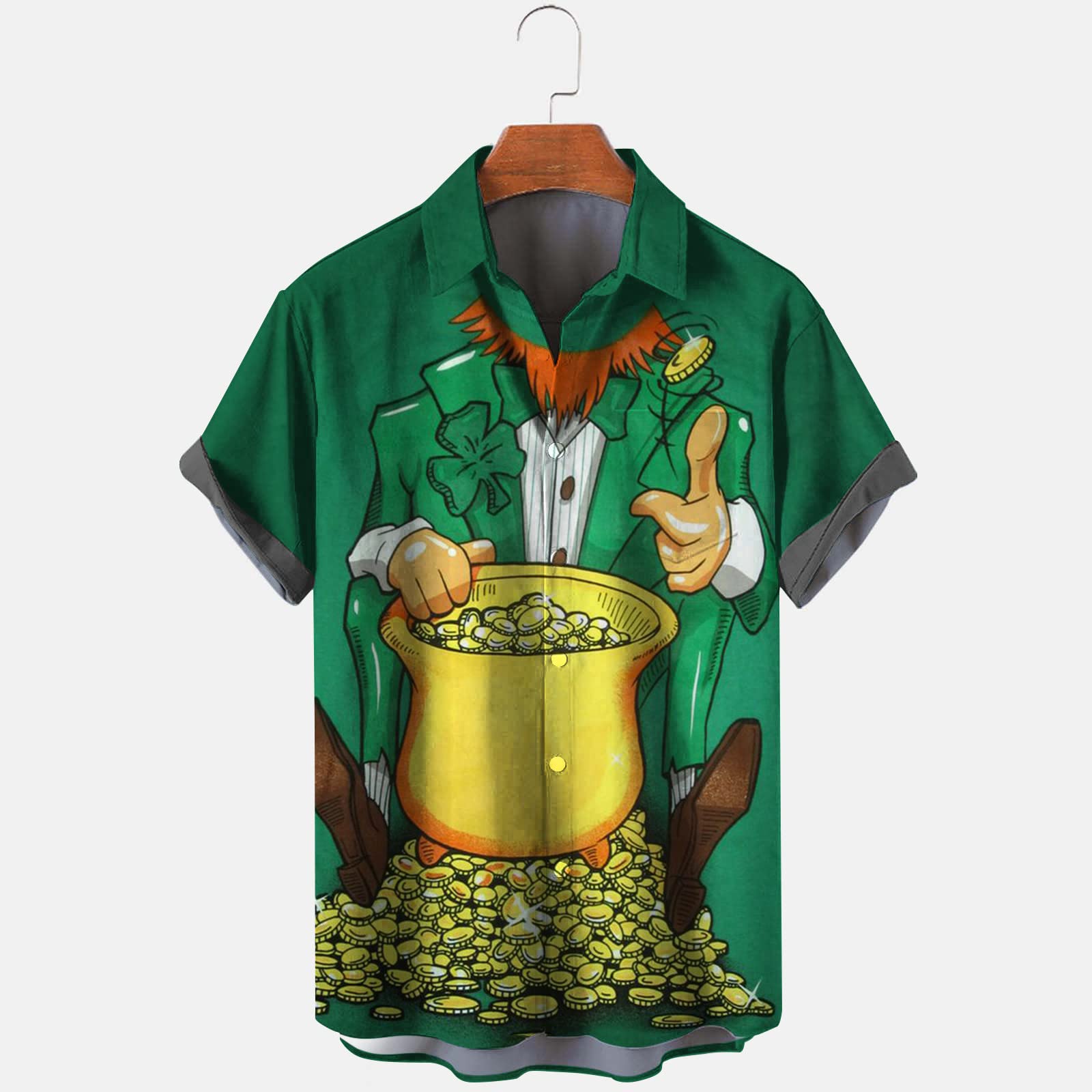 Men's St. Patrick's Day Button Down Shirt - St. Paddy's Hawaiian Shirts for Guys Irish Shamrock Leprechaun Tops